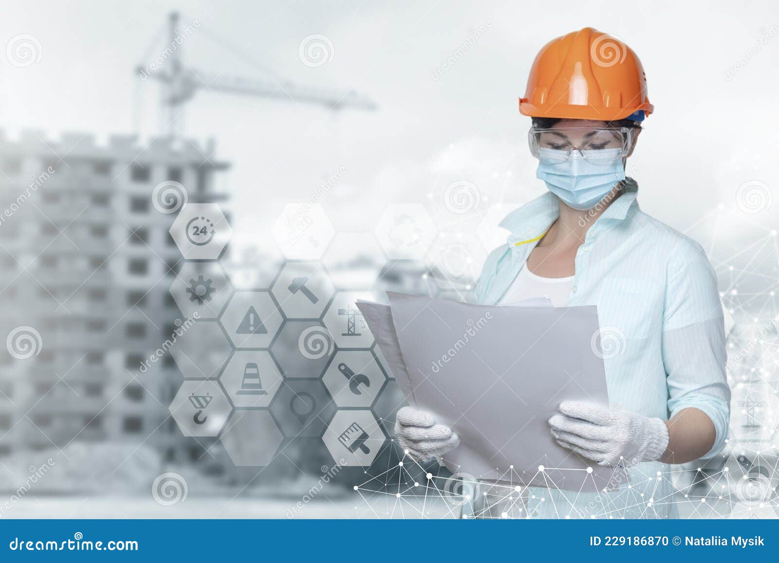 Builder Engineer Looking At The Project On The Background Of The ...