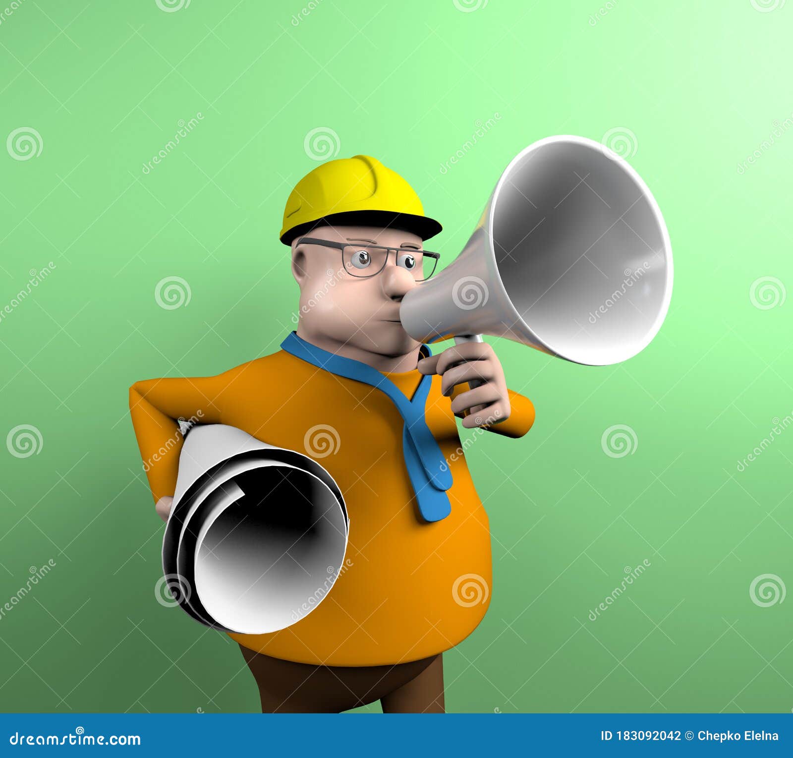 Builder Engineer Speaks in a Megaphone with a Drawing on a Blue ...