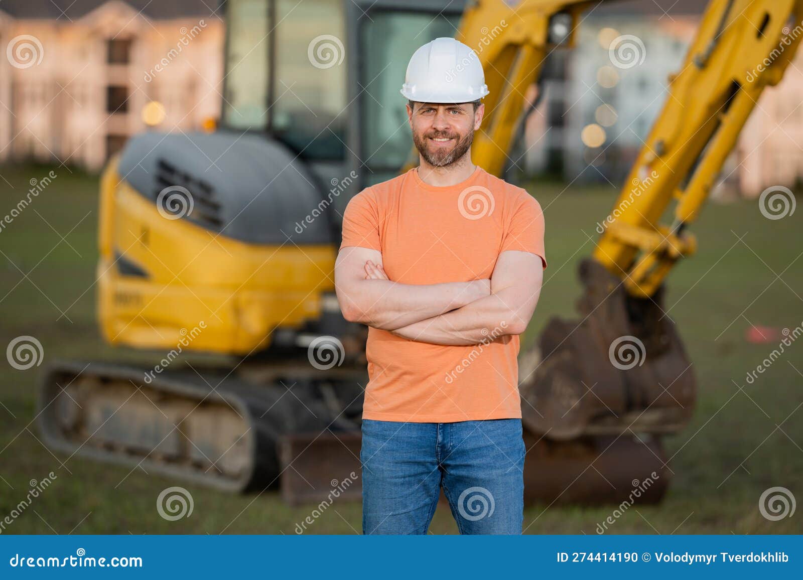 Builder with Excavator for Construction at the Construction Site ...