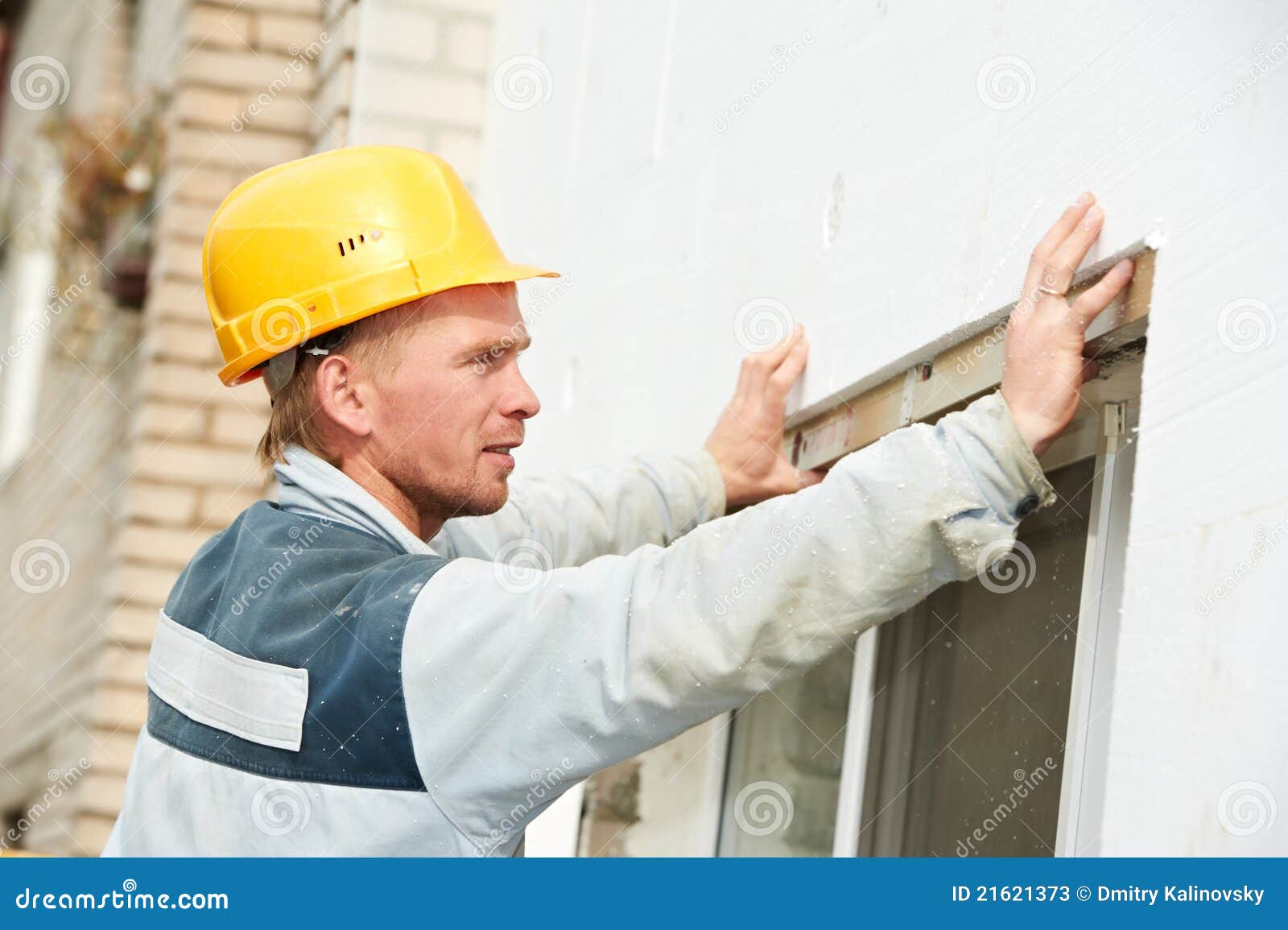 Builder Facade Plasterer Worker with Level Stock Image - Image of ...