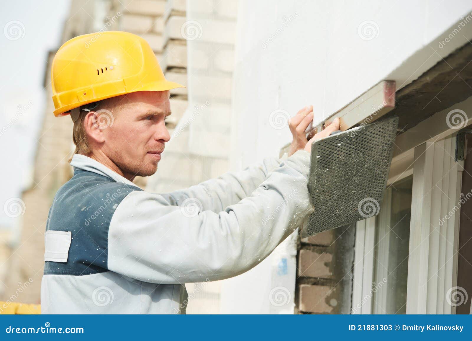 Builder Facade Plasterer Worker with Level Stock Image - Image of ...