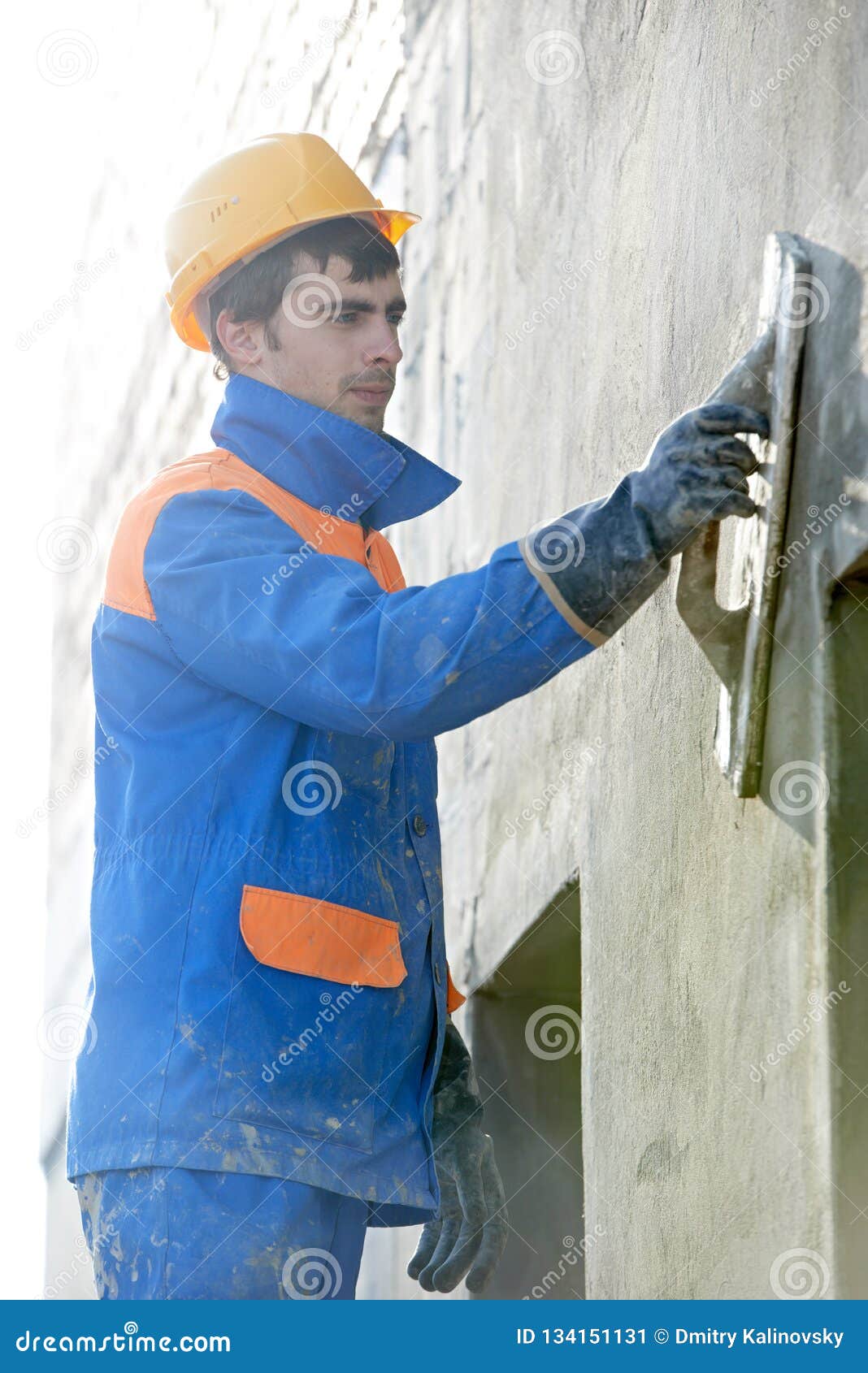 Builder at Facade Plastering Work with Putty Knife Float Stock Image ...