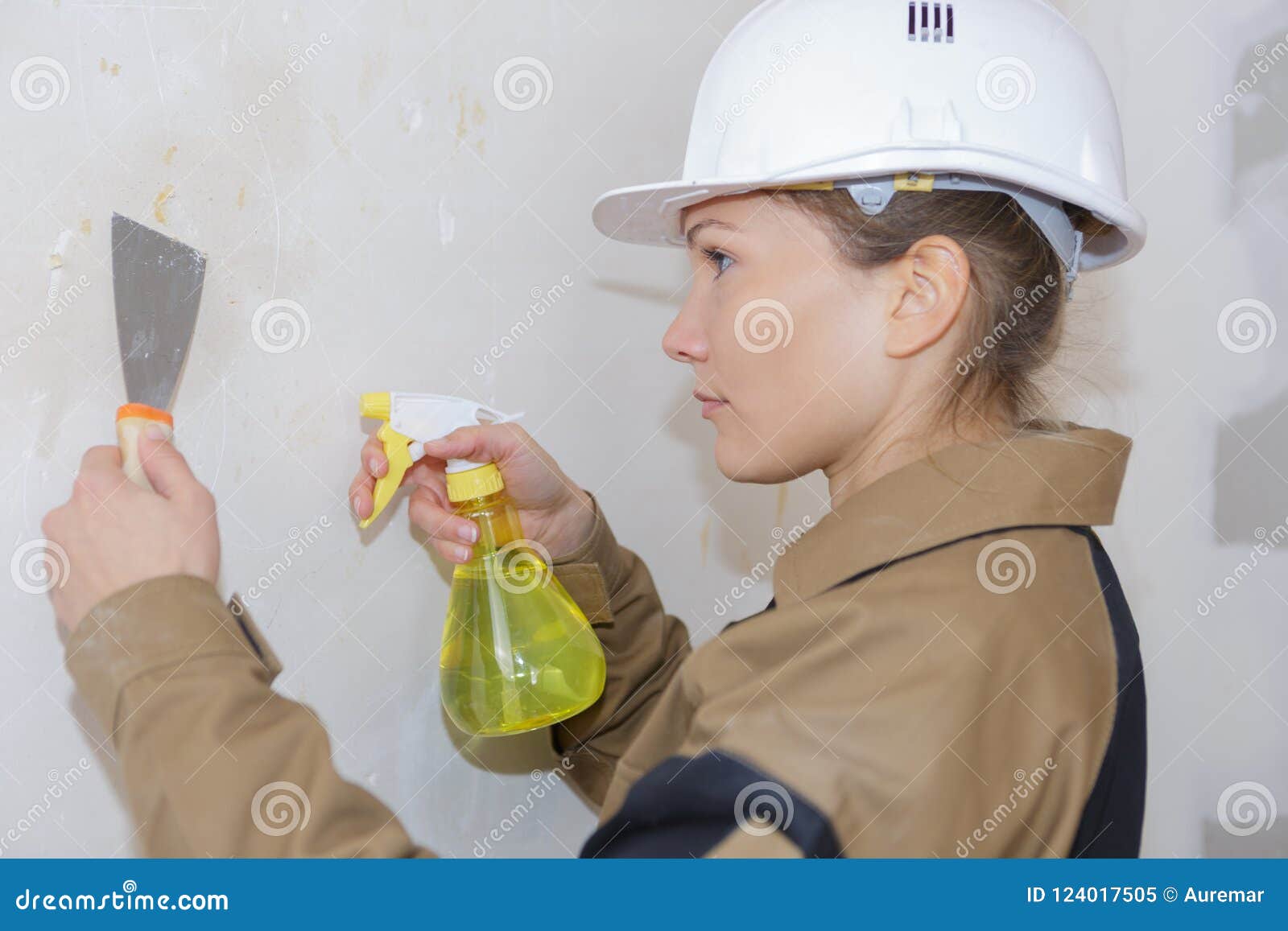 Builder Female Indoor Worker Plastering Wall Stock Image - Image of ...