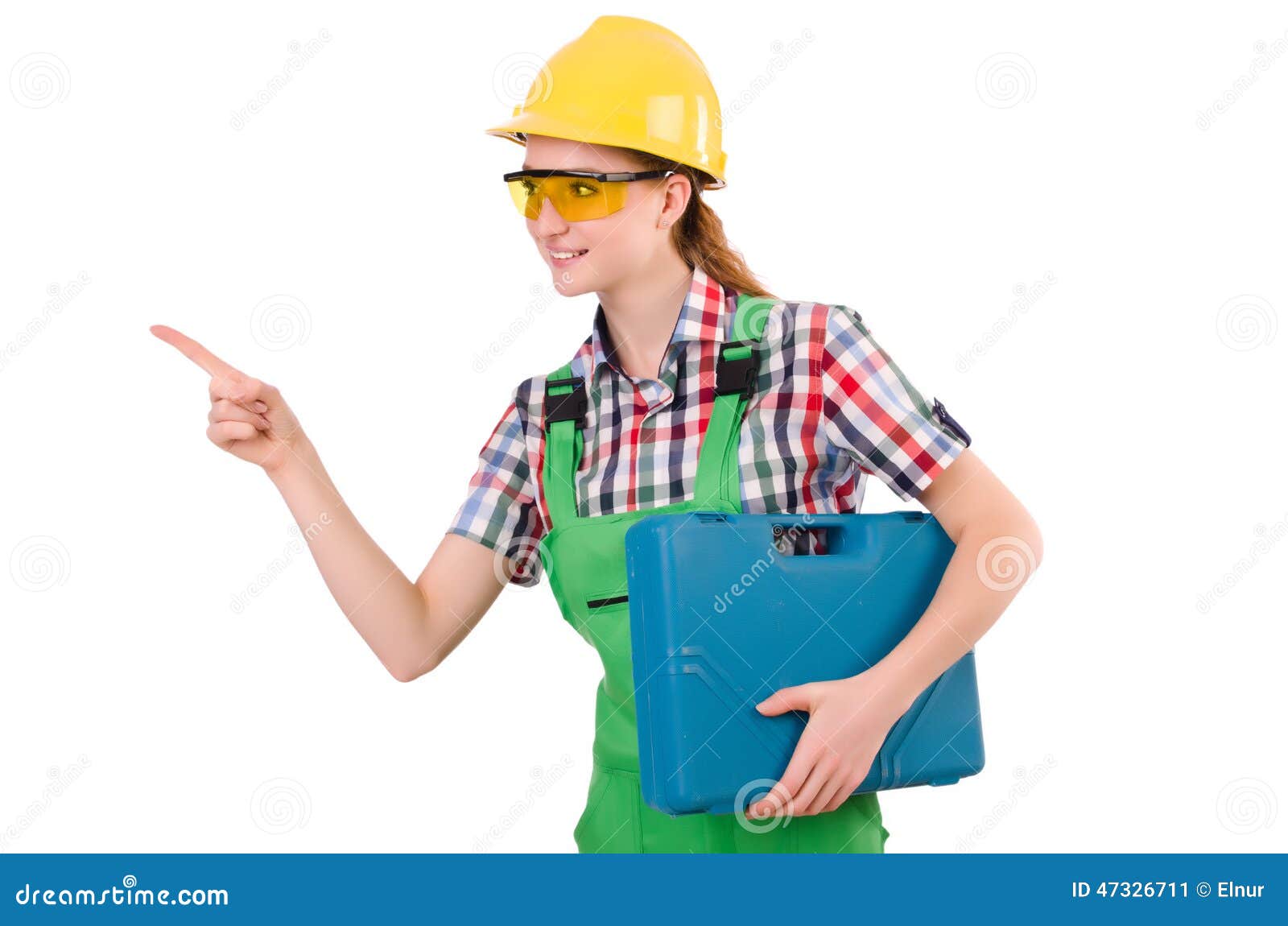 Builder Female with Toolbox Pointing Isolated Stock Image - Image of ...