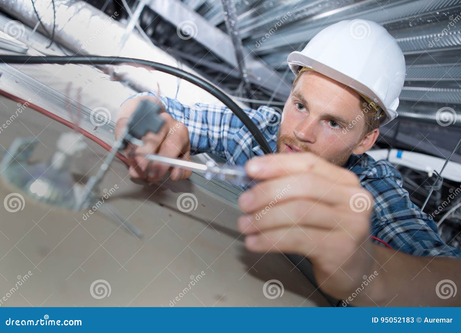 Builder Fixing Ceiling at Working Area Indoors Stock Image - Image of ...