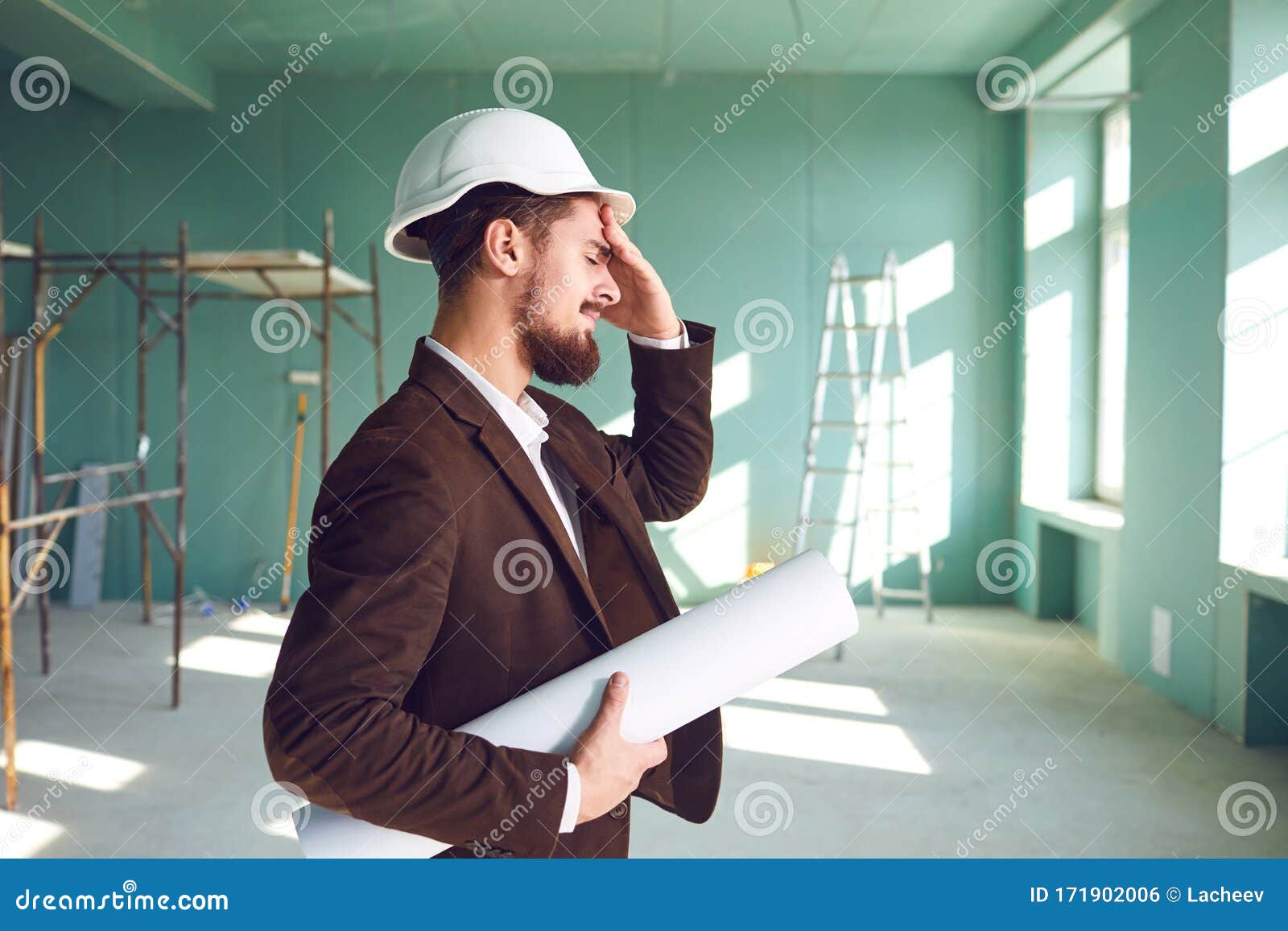 Builder Foreman in a White Helmet Surprised in Shock at a Construction ...