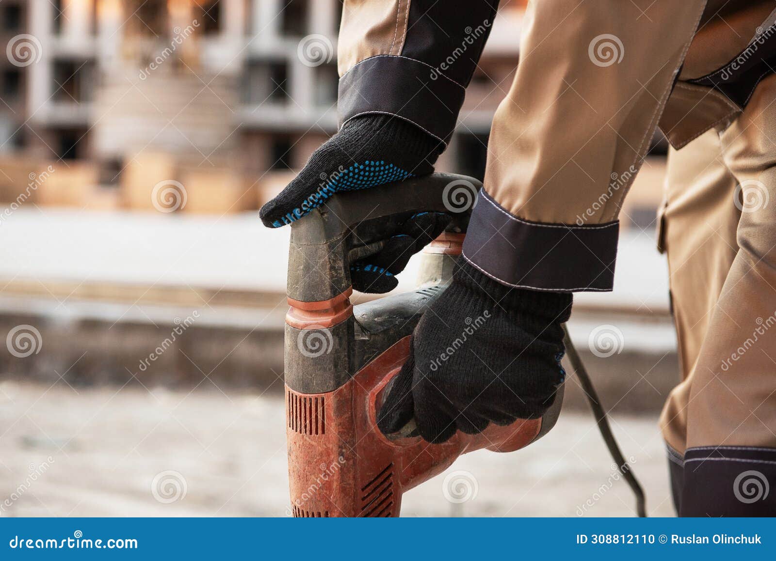 The Builder with Hammer Drill Perforator Equipment Stock Photo - Image ...