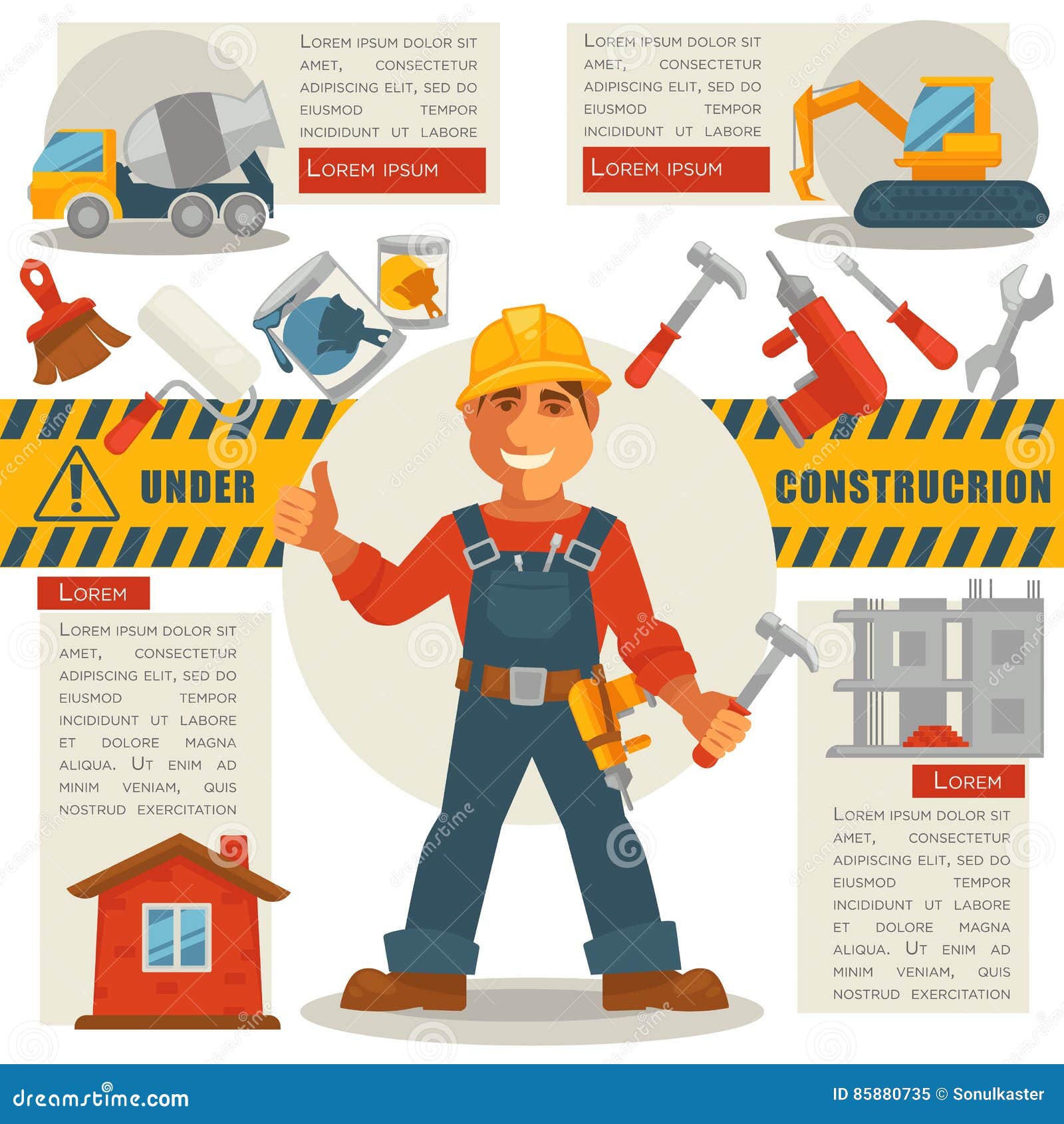 Builder with Hammer and Under Construction Sign Stock Vector ...