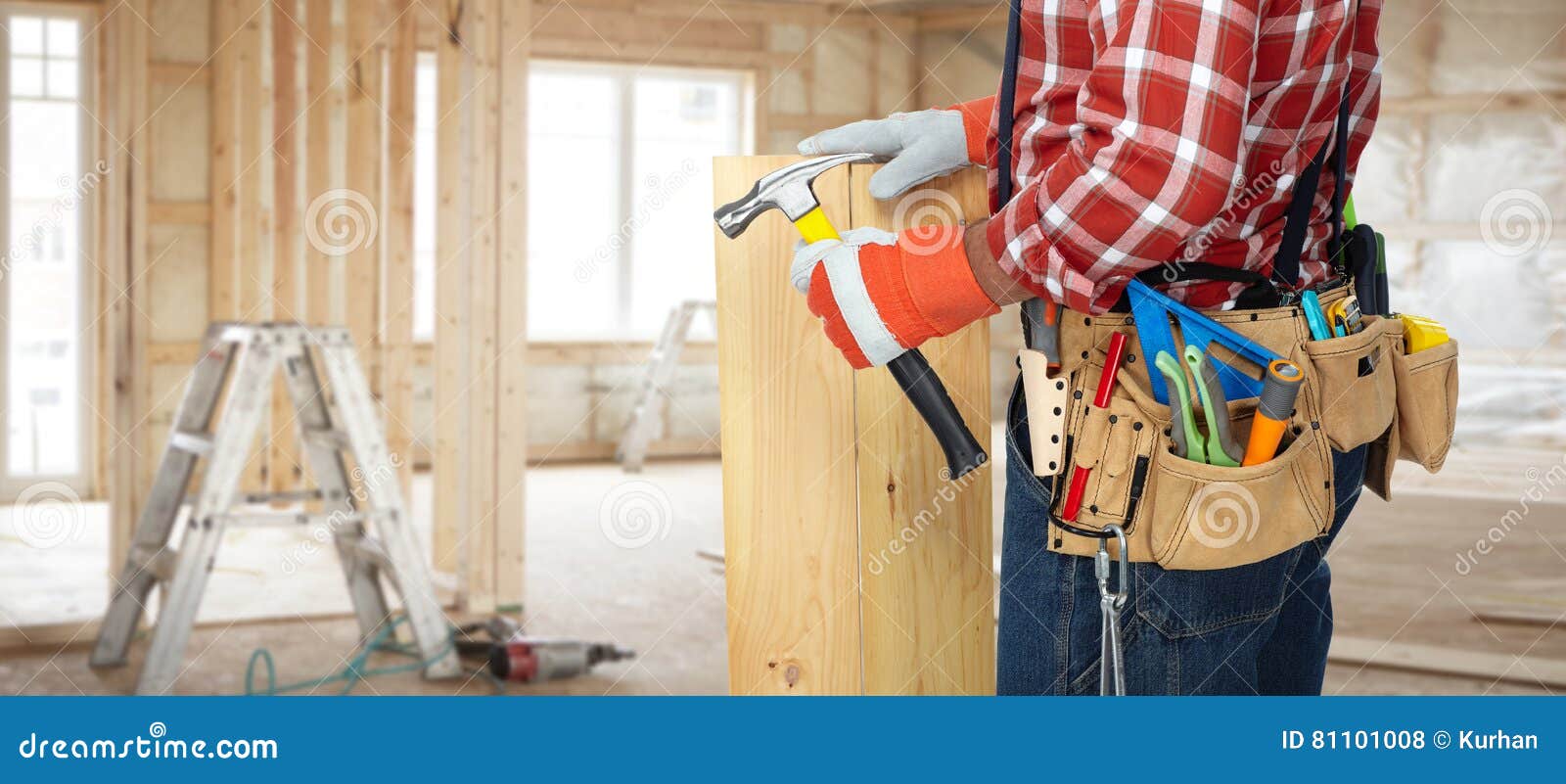 Builder with Hammer and Wooden Planks. Stock Photo - Image of building ...