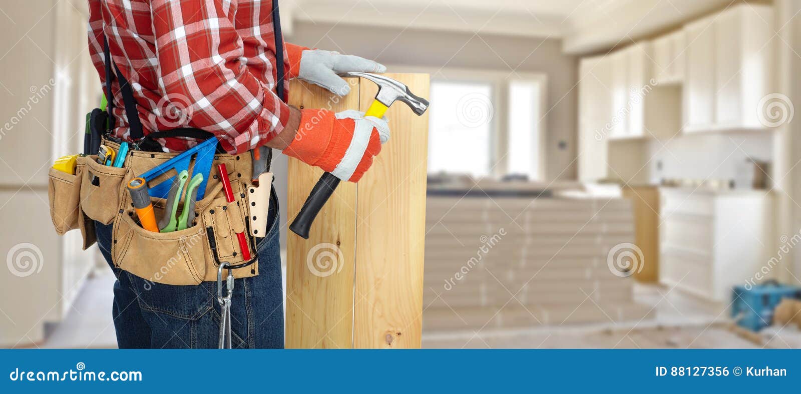 Builder with Hammer and Wooden Planks. Stock Photo - Image of ...
