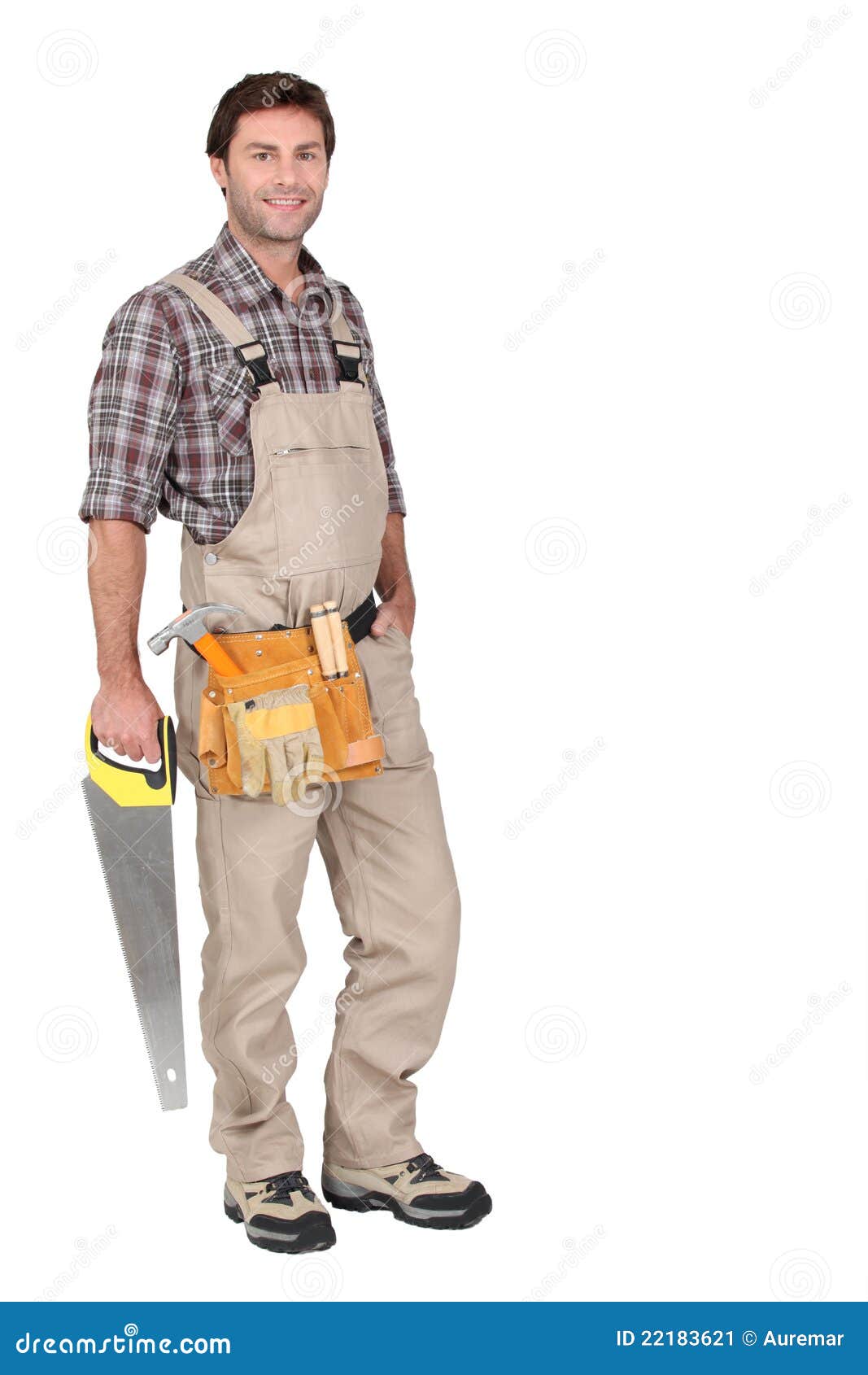 Builder with hand saw. stock image. Image of studio, employed - 22183621