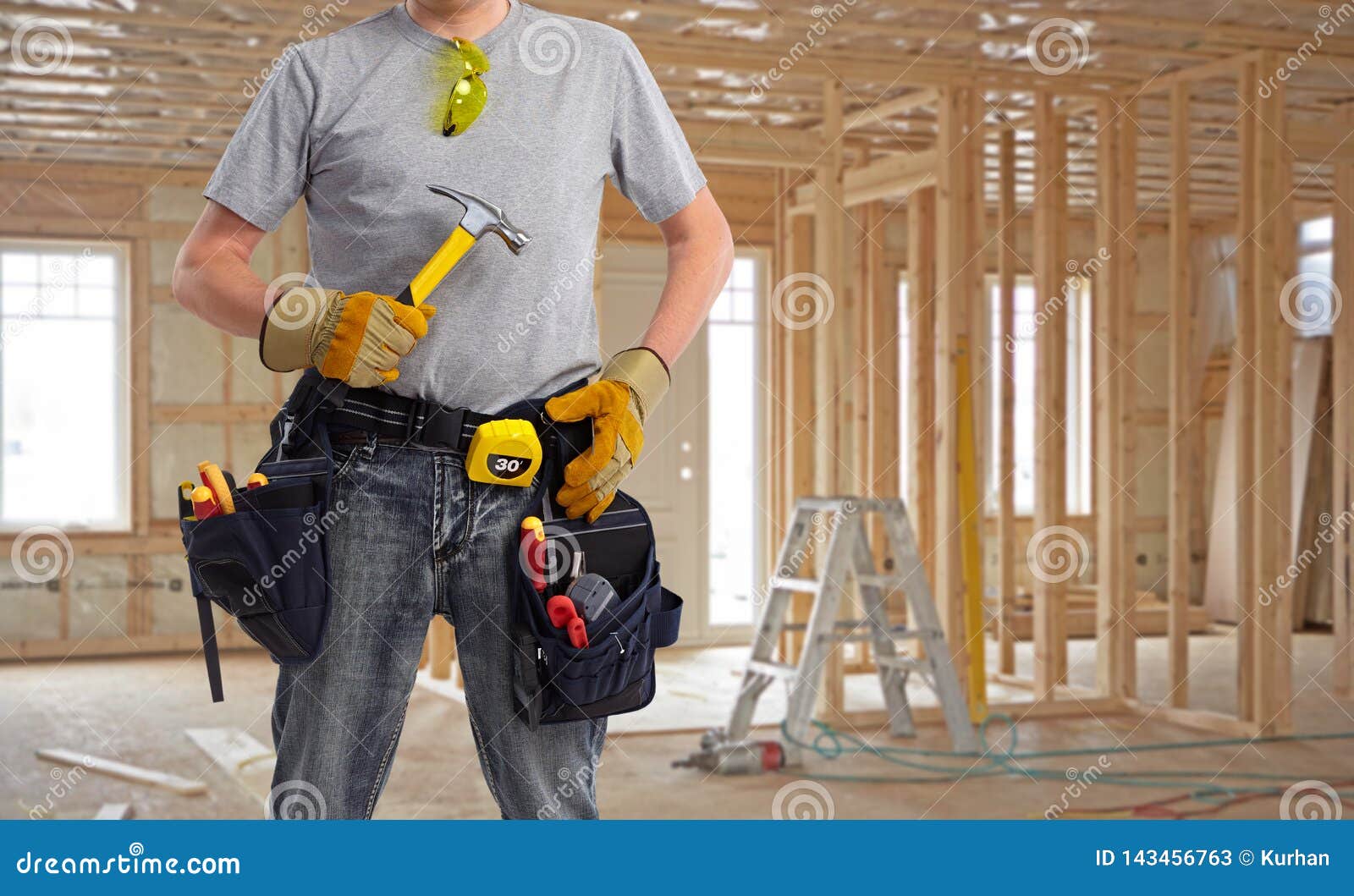Builder Handyman with Construction Tools. Stock Image - Image of hammer ...