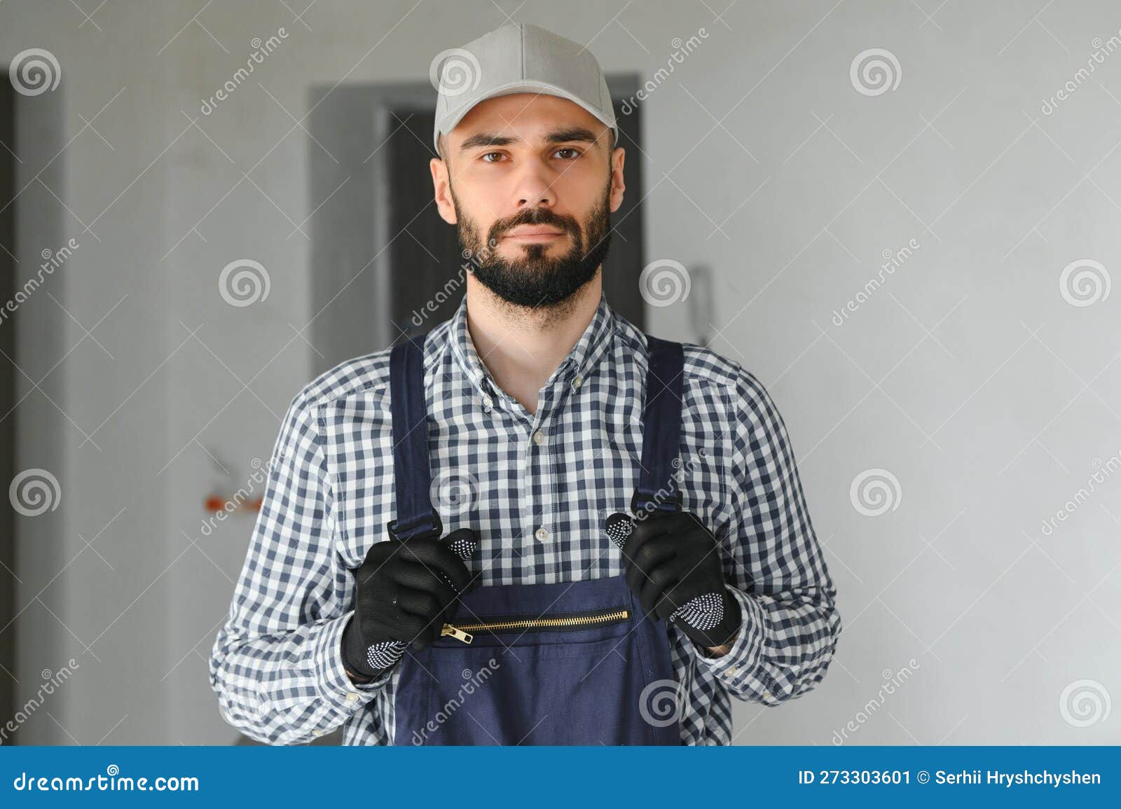Builder Handyman with Construction Tools. House Renovation Background ...
