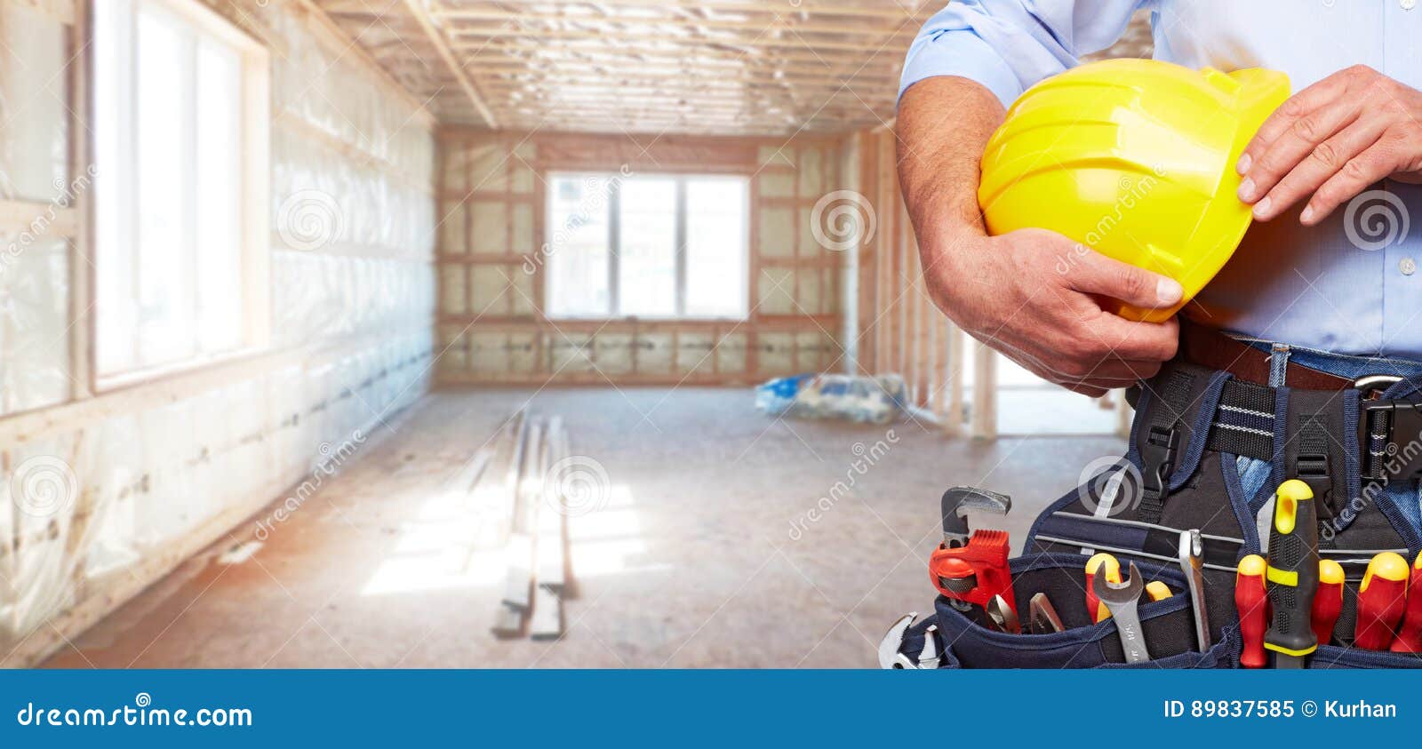 Builder Handyman with Construction Tools. Stock Image - Image of build ...