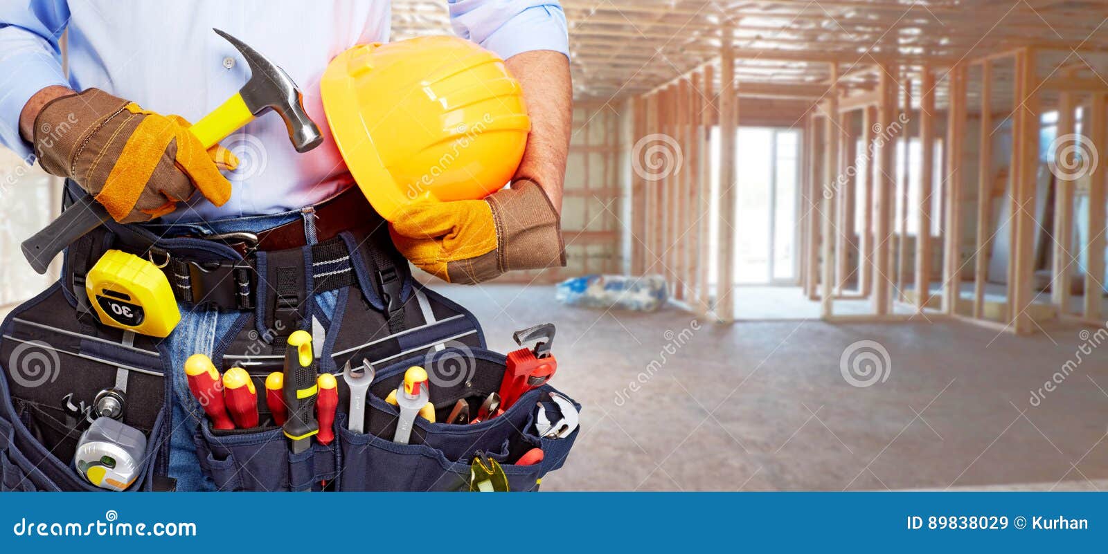 Builder Handyman with Construction Tools. Stock Image - Image of ...
