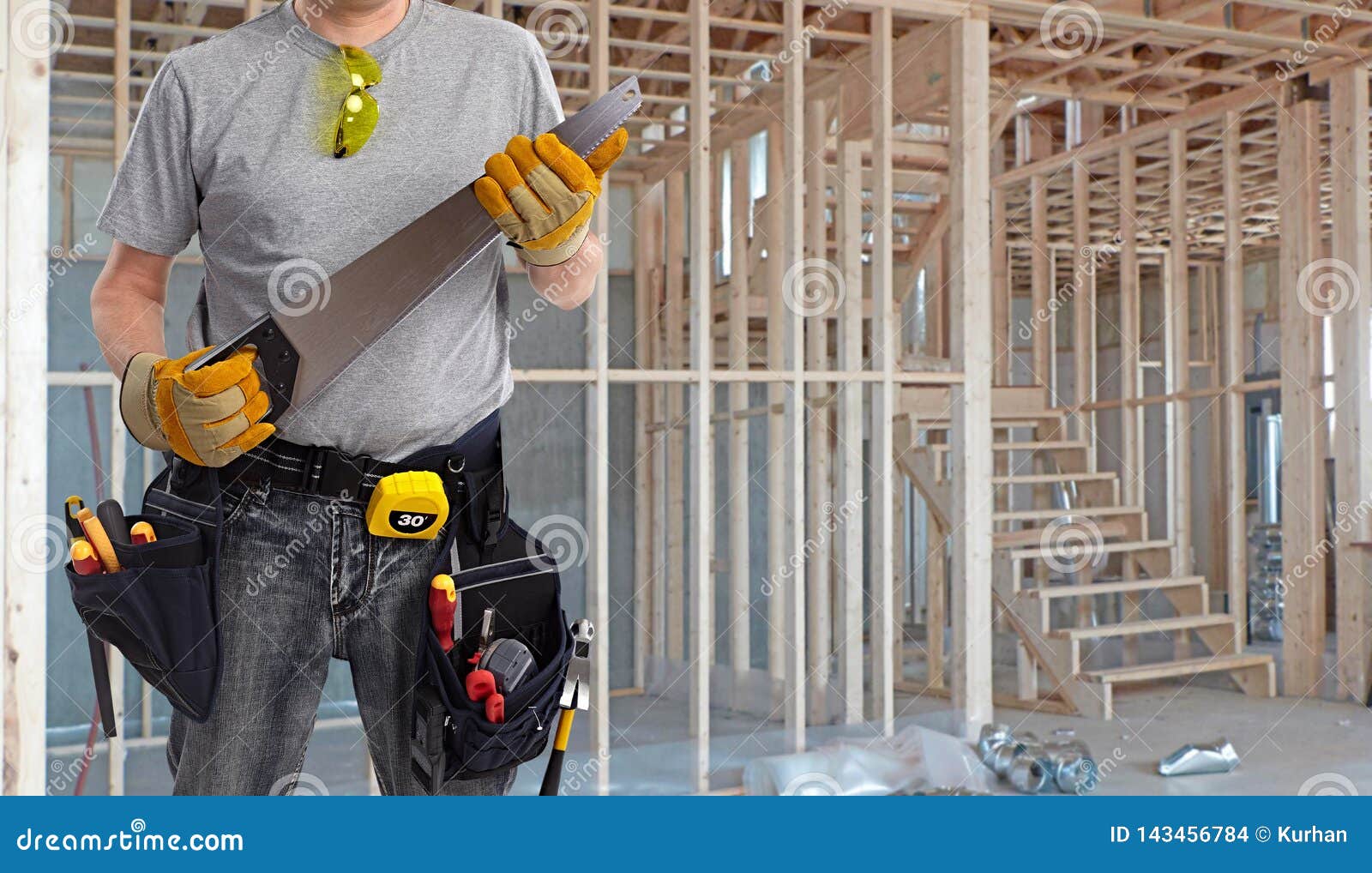 Builder Handyman with Hand Saw. Stock Photo - Image of interior, hands ...