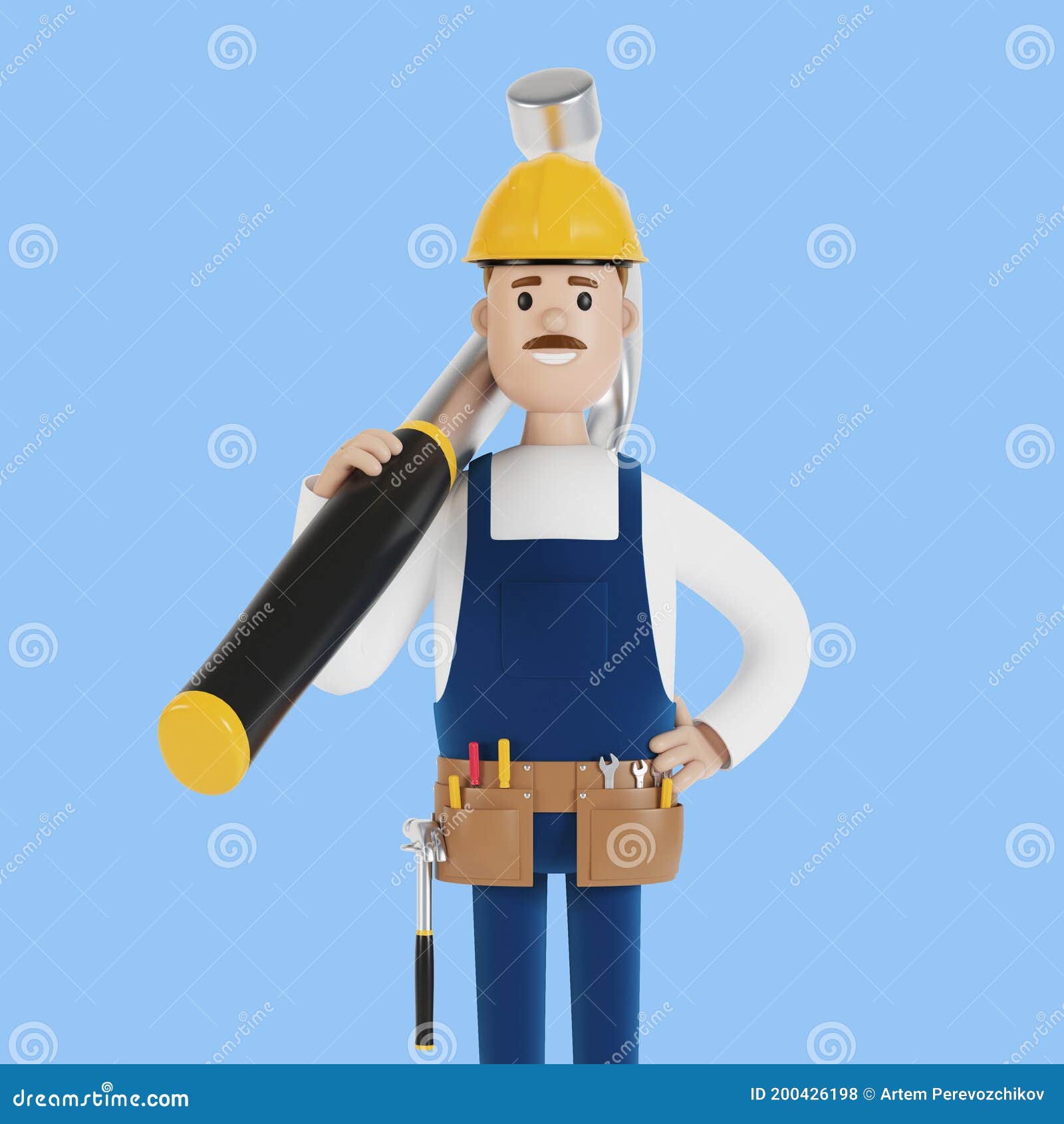 A Builder with a Hard Hat and a Big Hammer. Construction Worker Stock ...