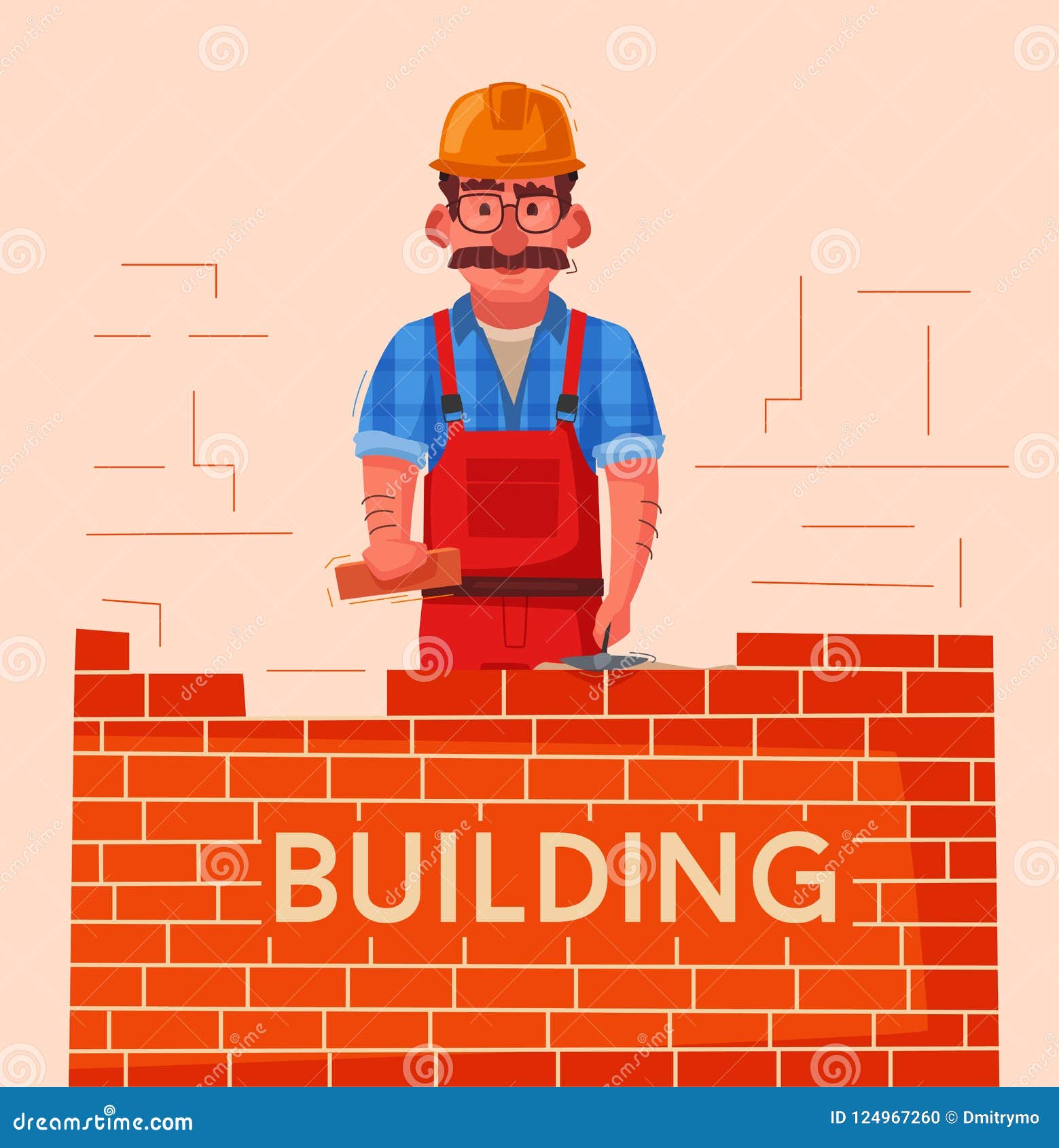 Builder in a Hard Hat is Building a Brick Wall Stock Vector ...