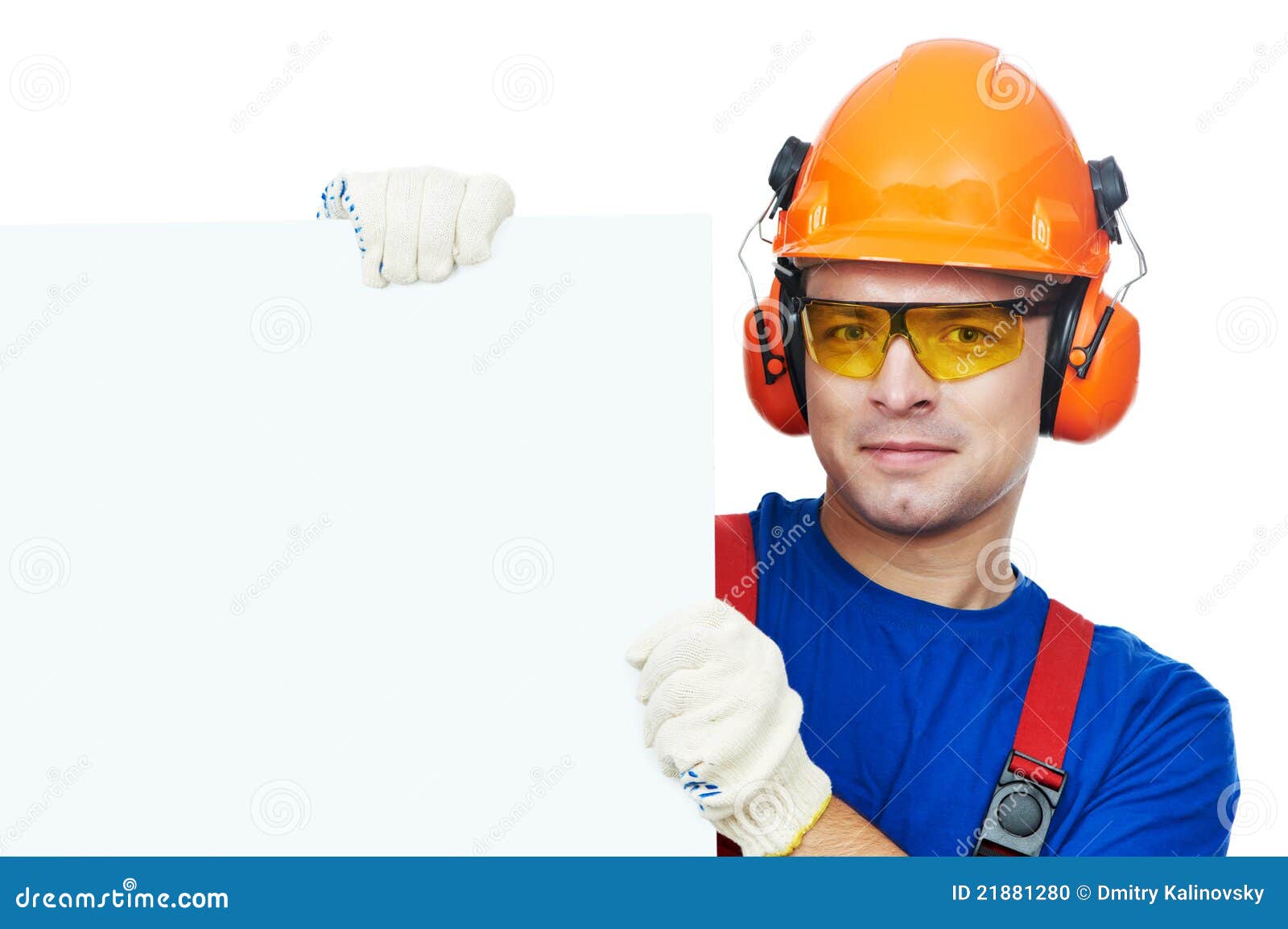 Builder in Hard Hat, Earmuffs and Goggles Stock Photo - Image of ...