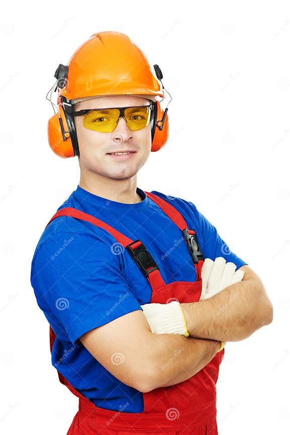 Builder in Hard Hat, Earmuffs and Goggles Stock Image - Image of ...