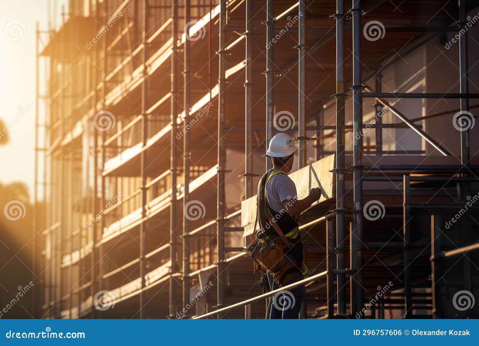 Builder in a Hard Hat Working on the Facade of a High-rise Building ...