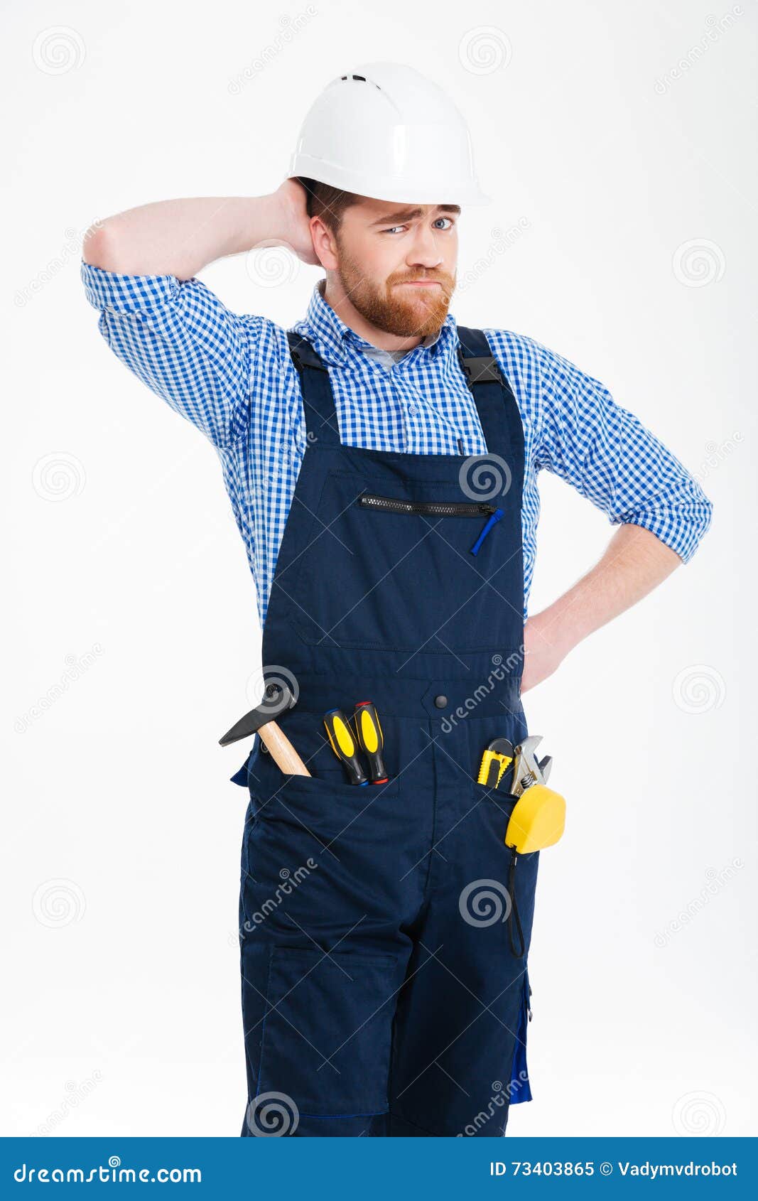 Builder in Helmet Standing and Scratching His Head Stock Image - Image ...