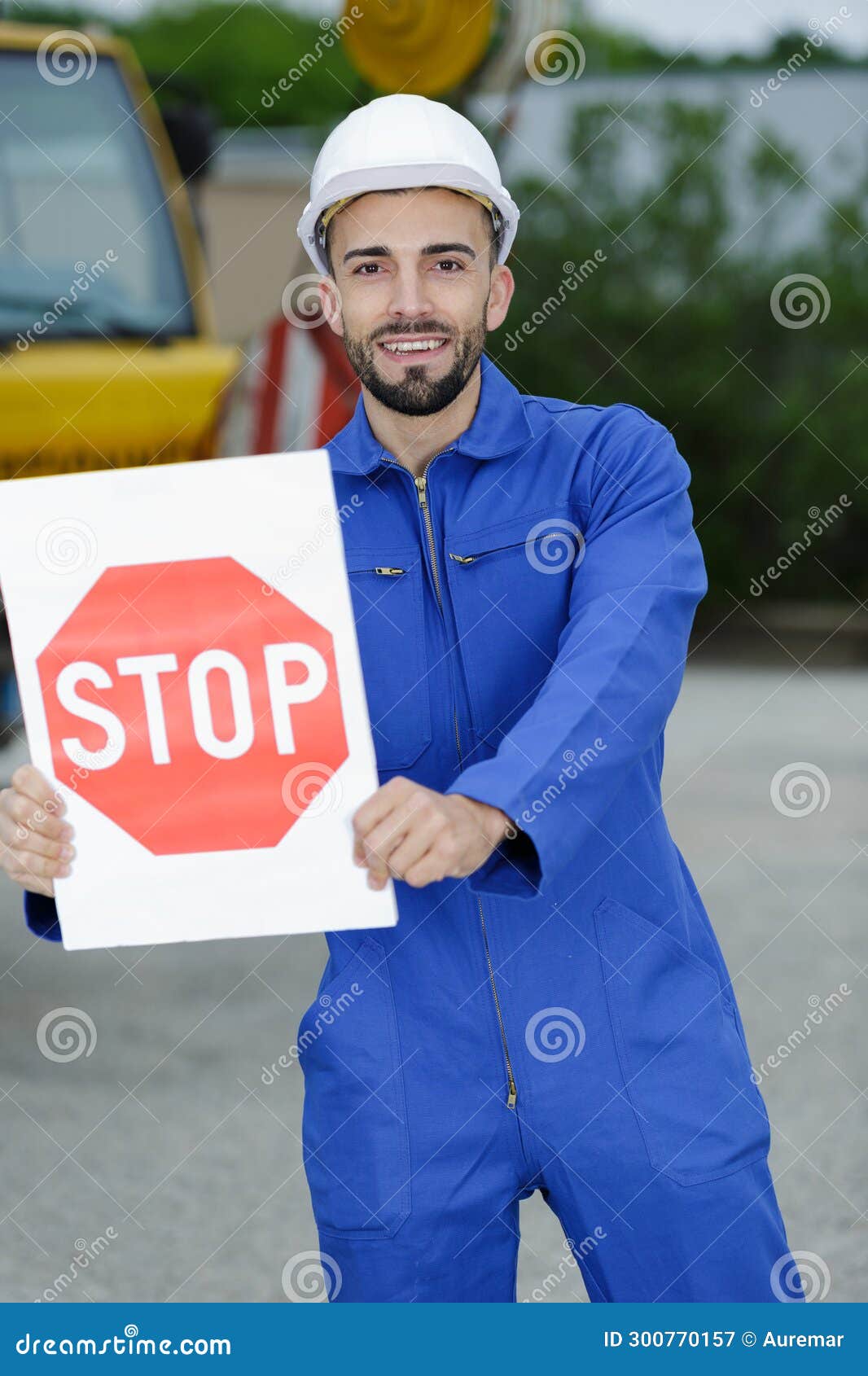Builder in Helmet Stop Sign Stock Image - Image of time, work: 300770157