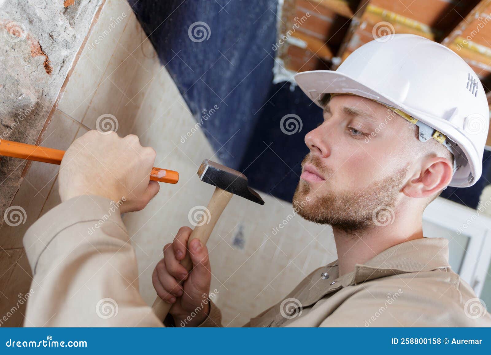 Builder Hitting Wall with Hammer Stock Photo - Image of steel, handle ...