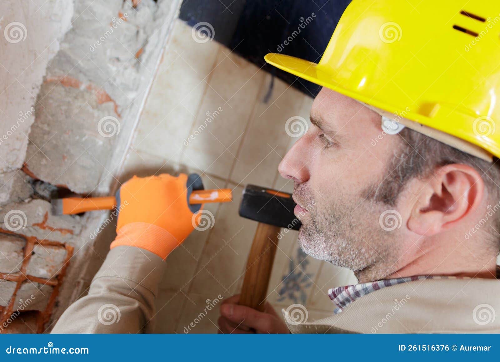 Builder Hitting Wall with Hammer Stock Photo - Image of industry, adult ...