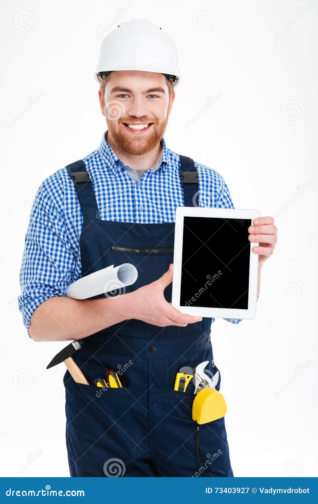 Builder Holding Blank Screen Tablet Stock Image - Image of mobile ...