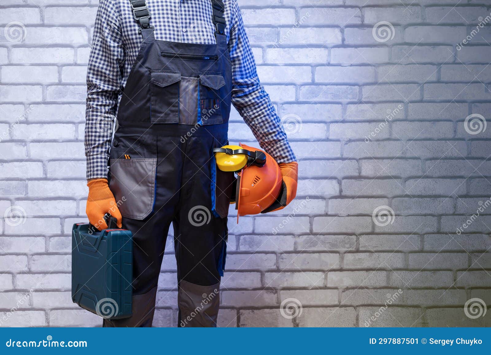 Builder Holding a Hard Hat and Tool Box. Stock Image - Image of ...