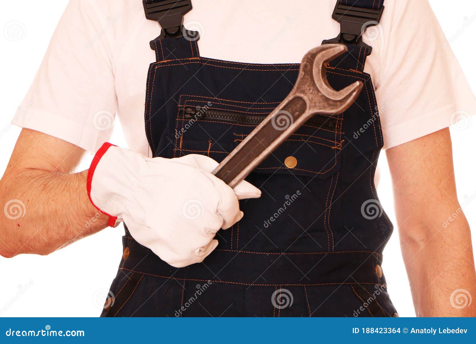 The Builder is Holding a Large Adjustable Spanner in His Hands. the ...