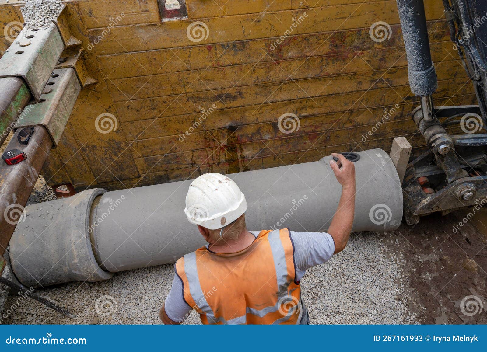 Builder Installing Big Diameter Concrete Drainage Pipe Protected by ...