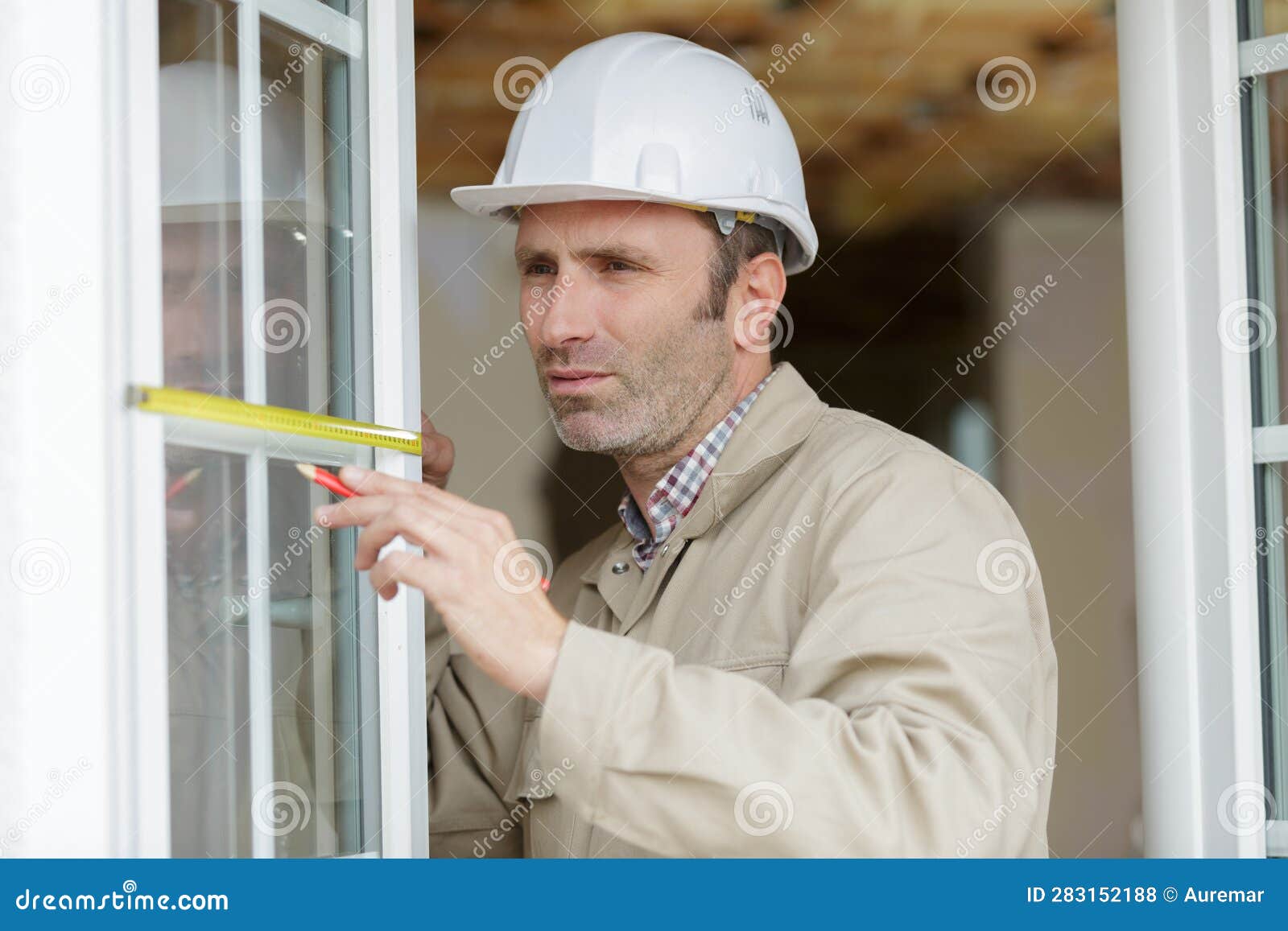 Builder Installing Measuring Windows Stock Photo - Image of install ...