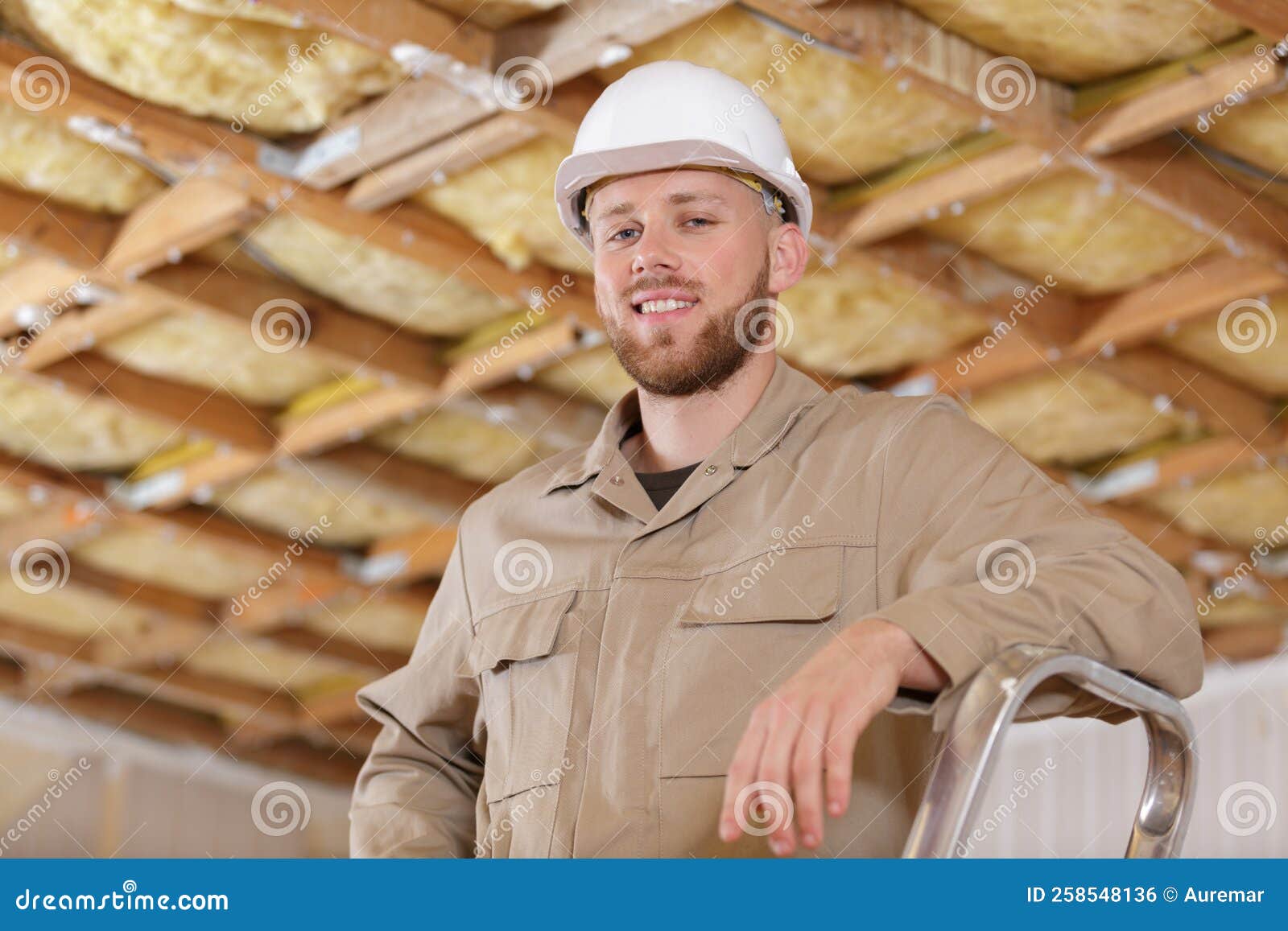Builder on ladder stock photo. Image of repair, house - 258548136
