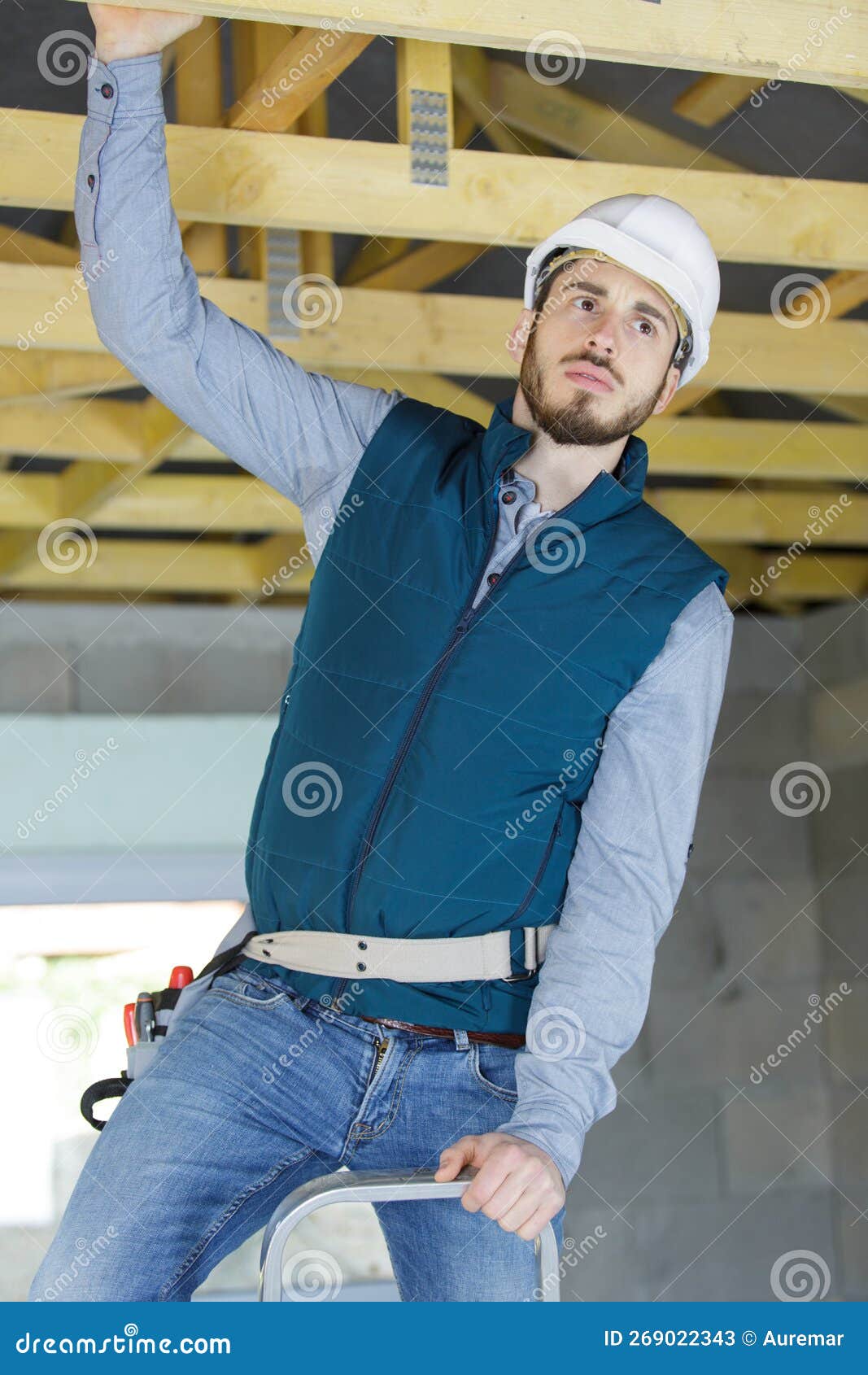Builder on Ladder Gesturing Stock Image - Image of look, isolated ...