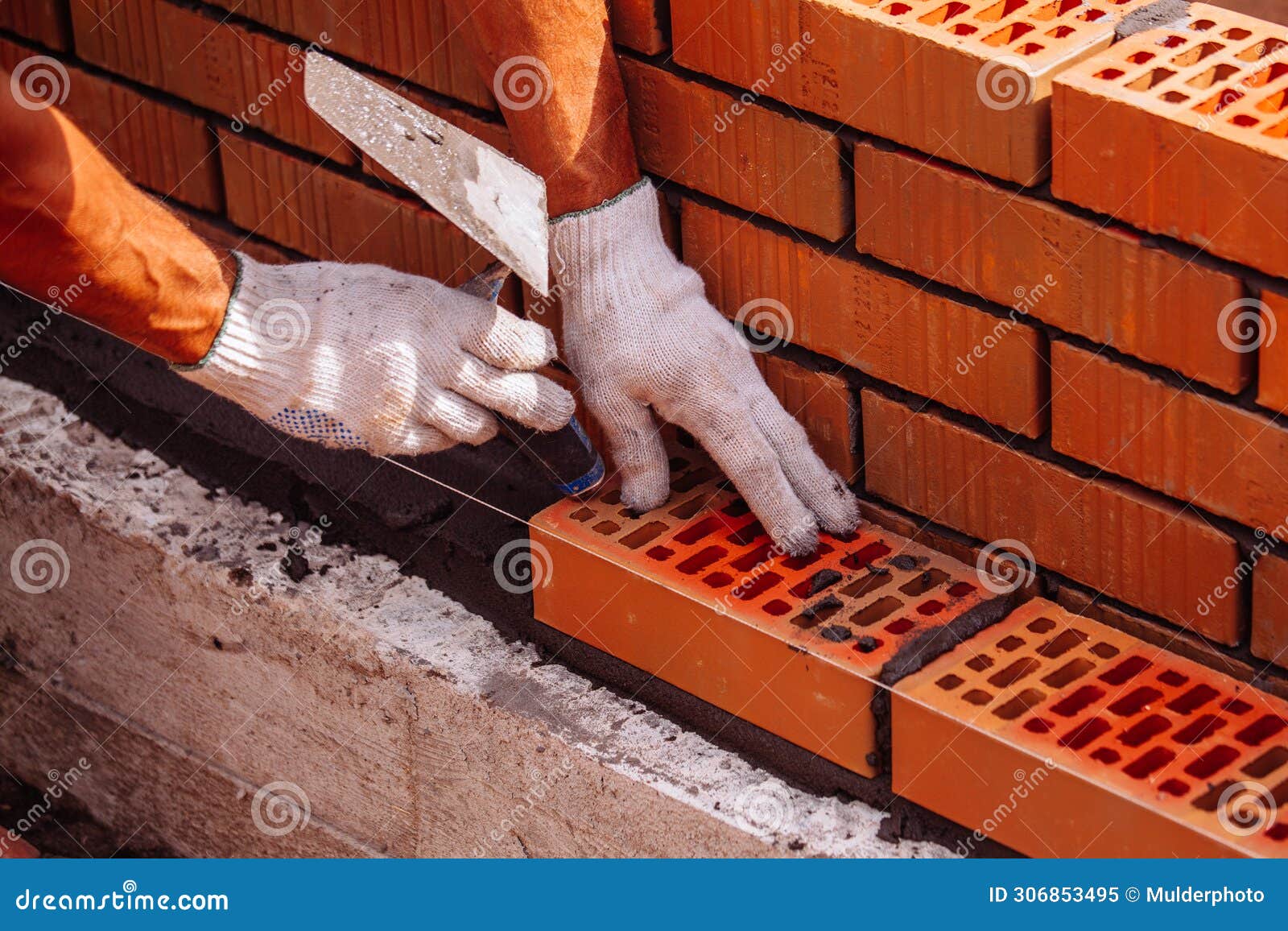 Builder Laying Bricks on Construction Site Stock Image - Image of ...