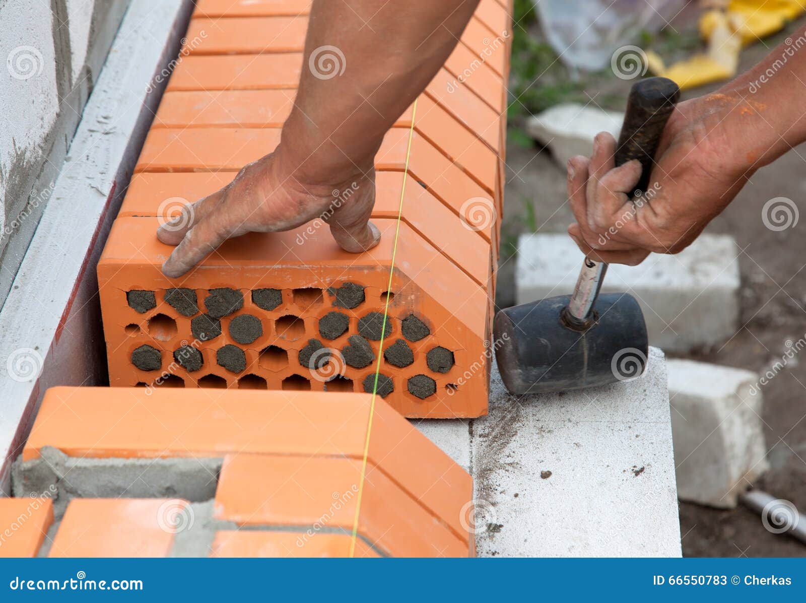 Builder Lays Bricks in Cement Mortar Stock Image - Image of craftsman ...
