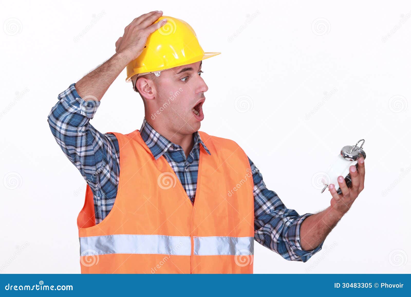 Builder Looking at Alarm Clock Stock Image - Image of sleeping, adult ...