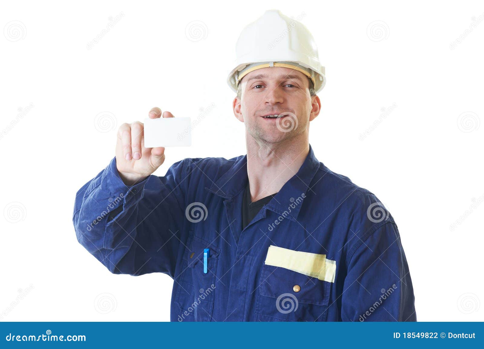 Builder Man in Blue Robe with Visit Card Stock Photo - Image of ...