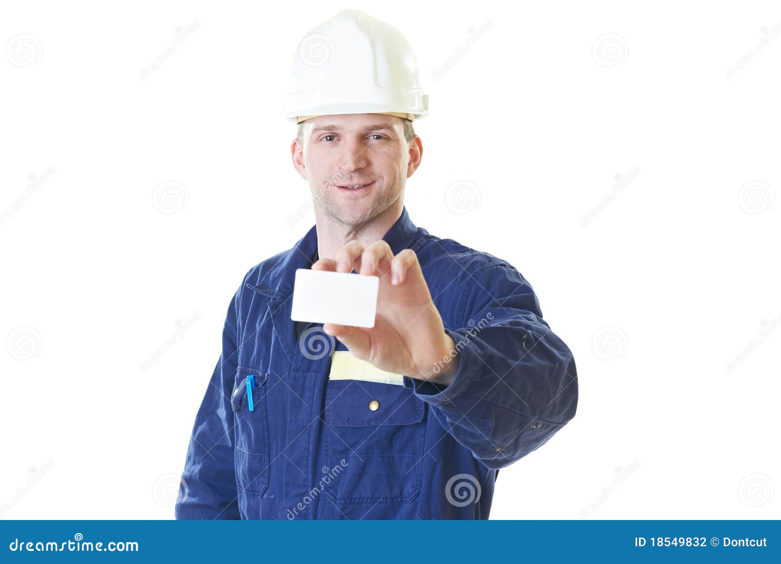 Builder Man in Blue Robe with Visit Card Stock Photo - Image of message ...