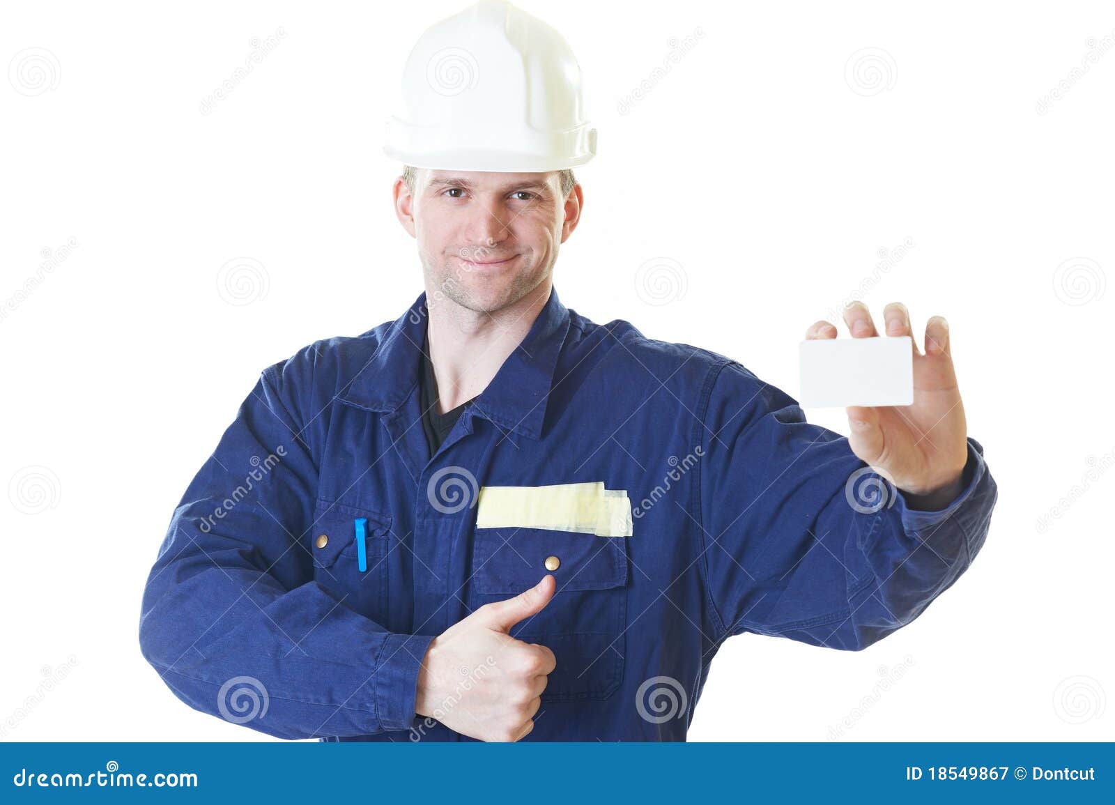 Builder Man in Blue Robe with Visit Card Stock Image - Image of builder ...