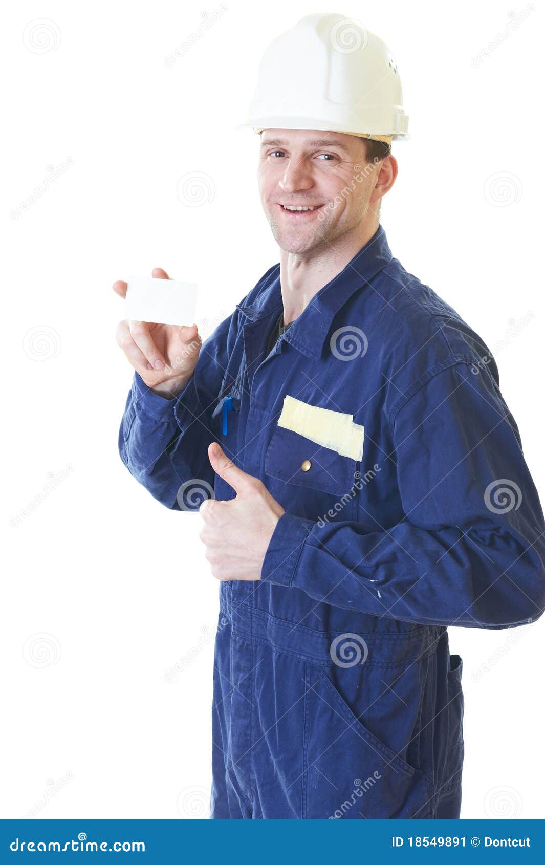 Builder Man in Blue Robe with Visit Card Stock Image - Image of paper ...