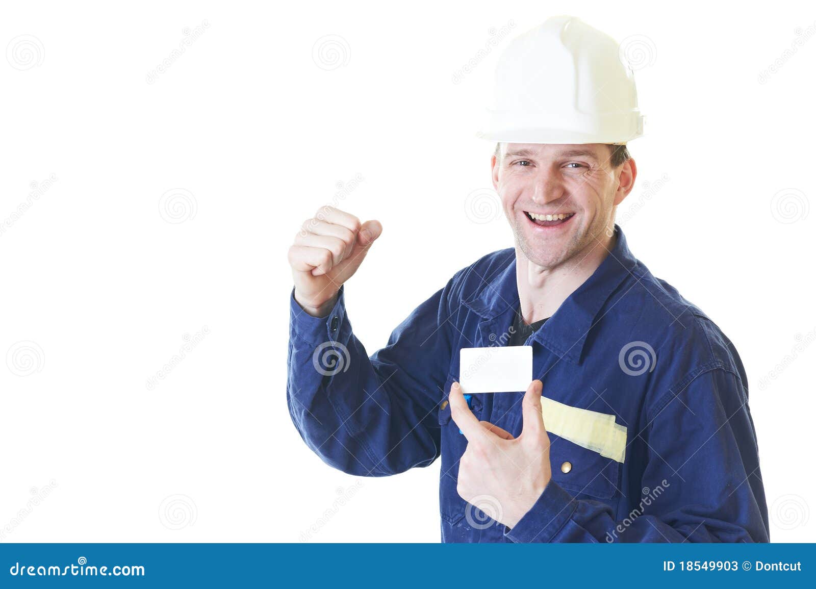 Builder Man in Blue Robe with Visit Card Stock Image - Image of ...