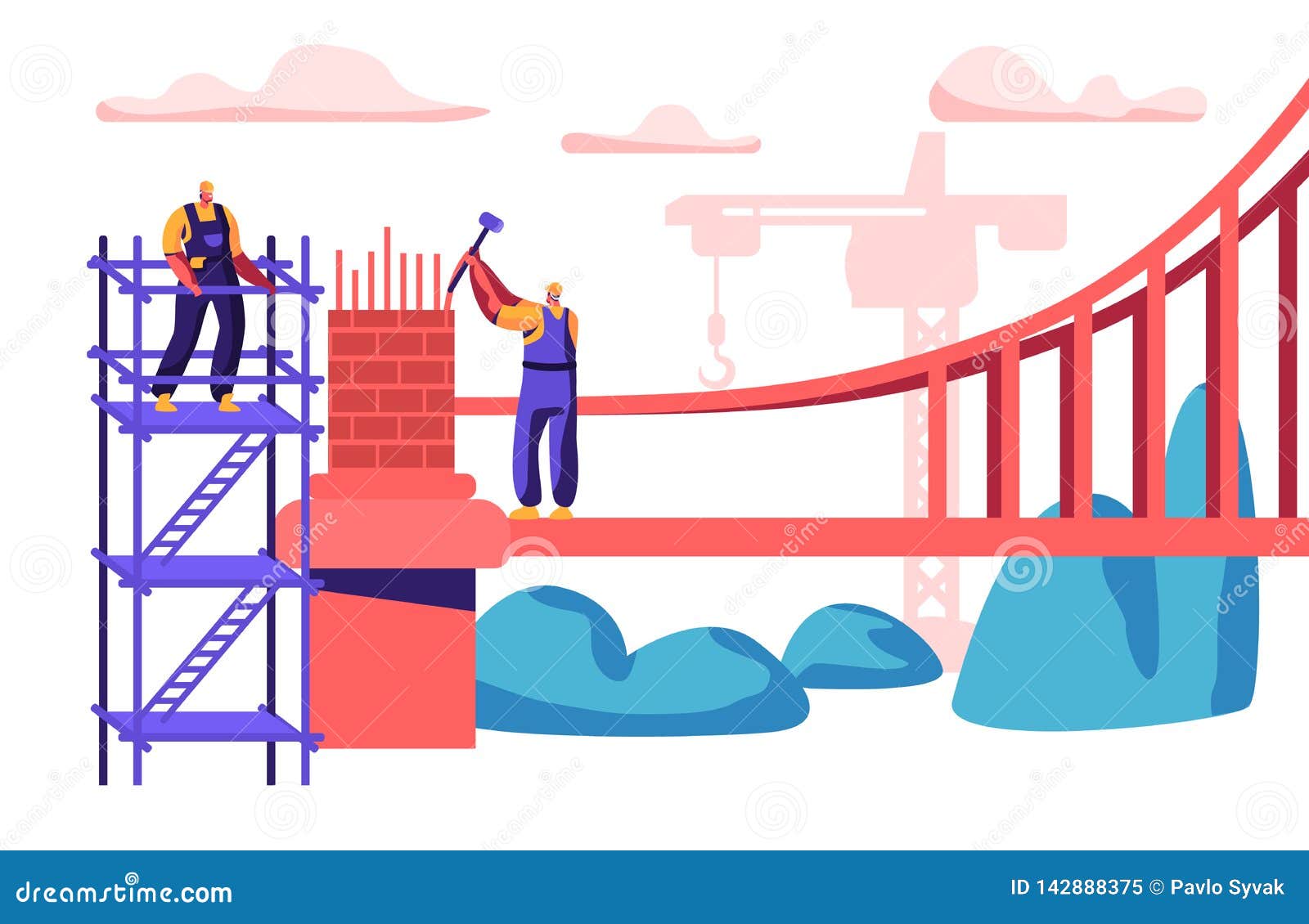 Builder Construct Brick Bridge With Construction Crane And Hammer ...