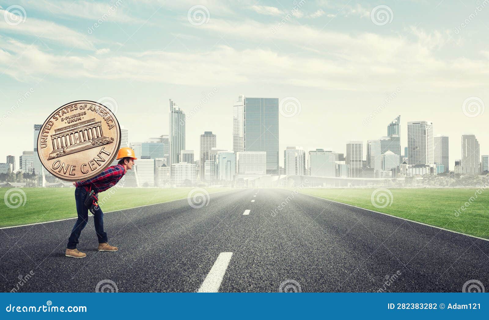 Builder man carry coin stock illustration. Illustration of worker ...