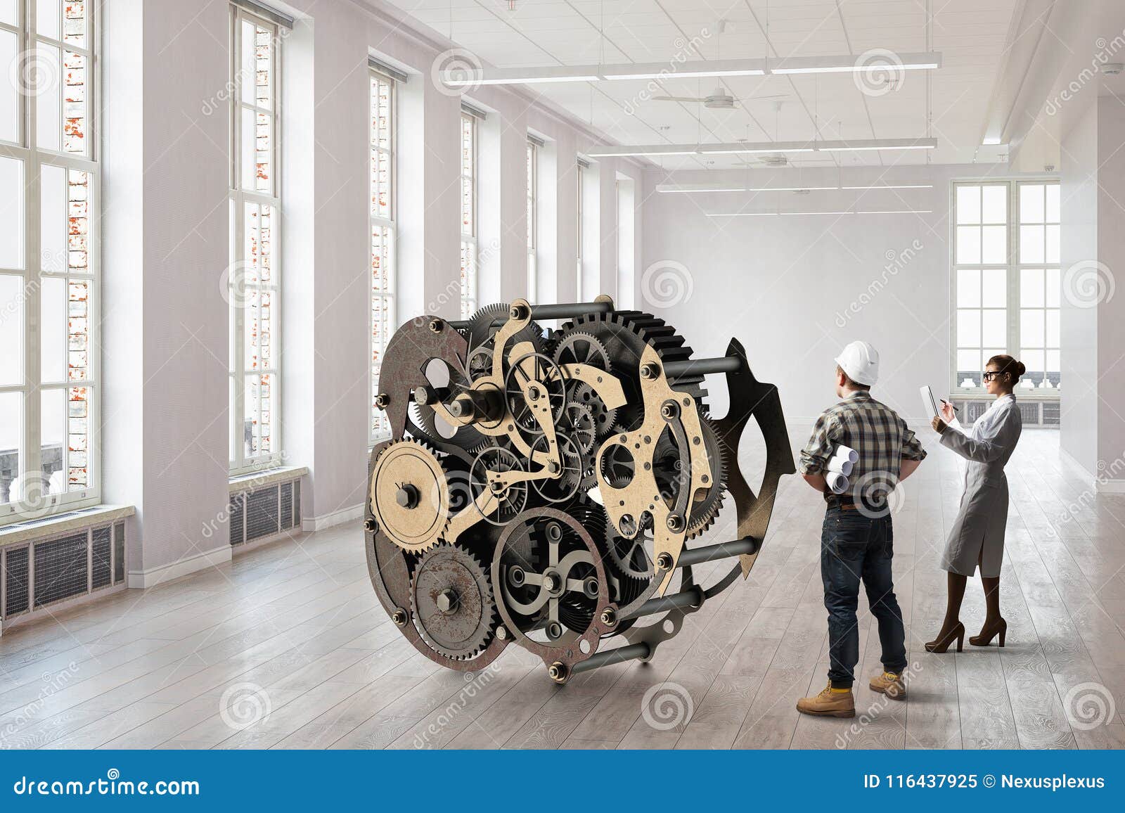 Builder Man and Clockwork. Mixed Media Stock Image - Image of male ...