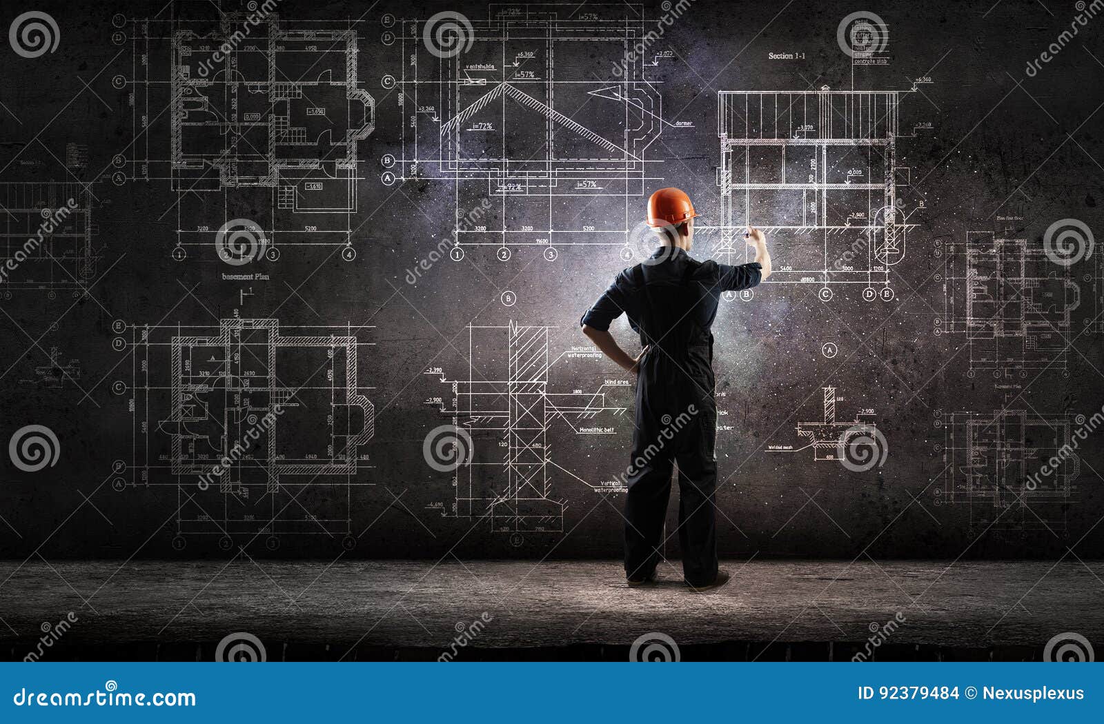 Builder man draw project stock photo. Image of blueprint - 92379484