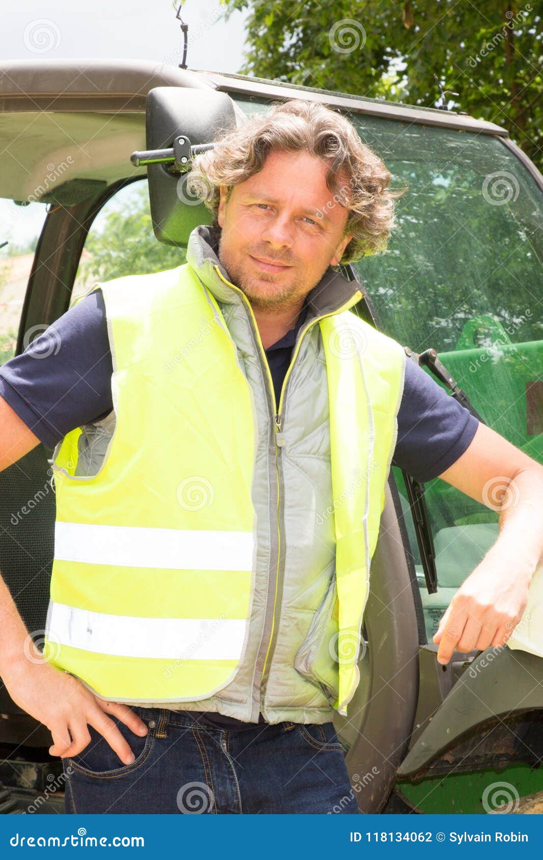 Builder Man Driver with Lift Fork Truck on Construction Building Stock ...