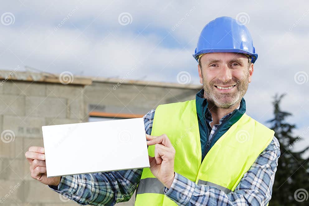 Builder Man Holding White Blank Banner Stock Photo - Image of carpenter ...